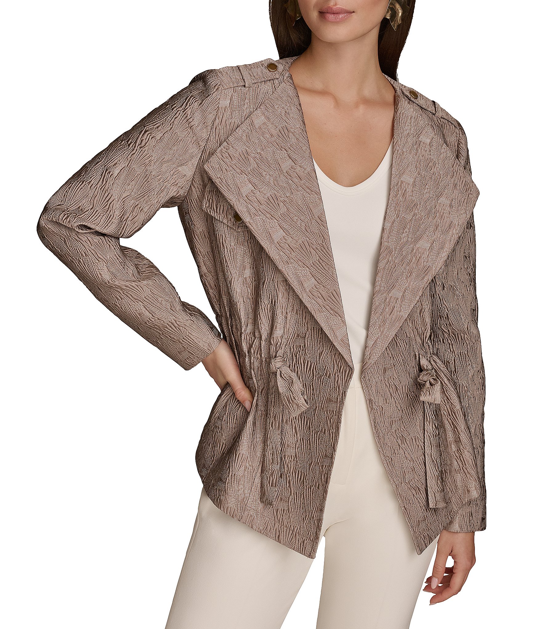 Donna Karan Ripple Weave Jacquard Open Lapel Long Sleeve Tie Front