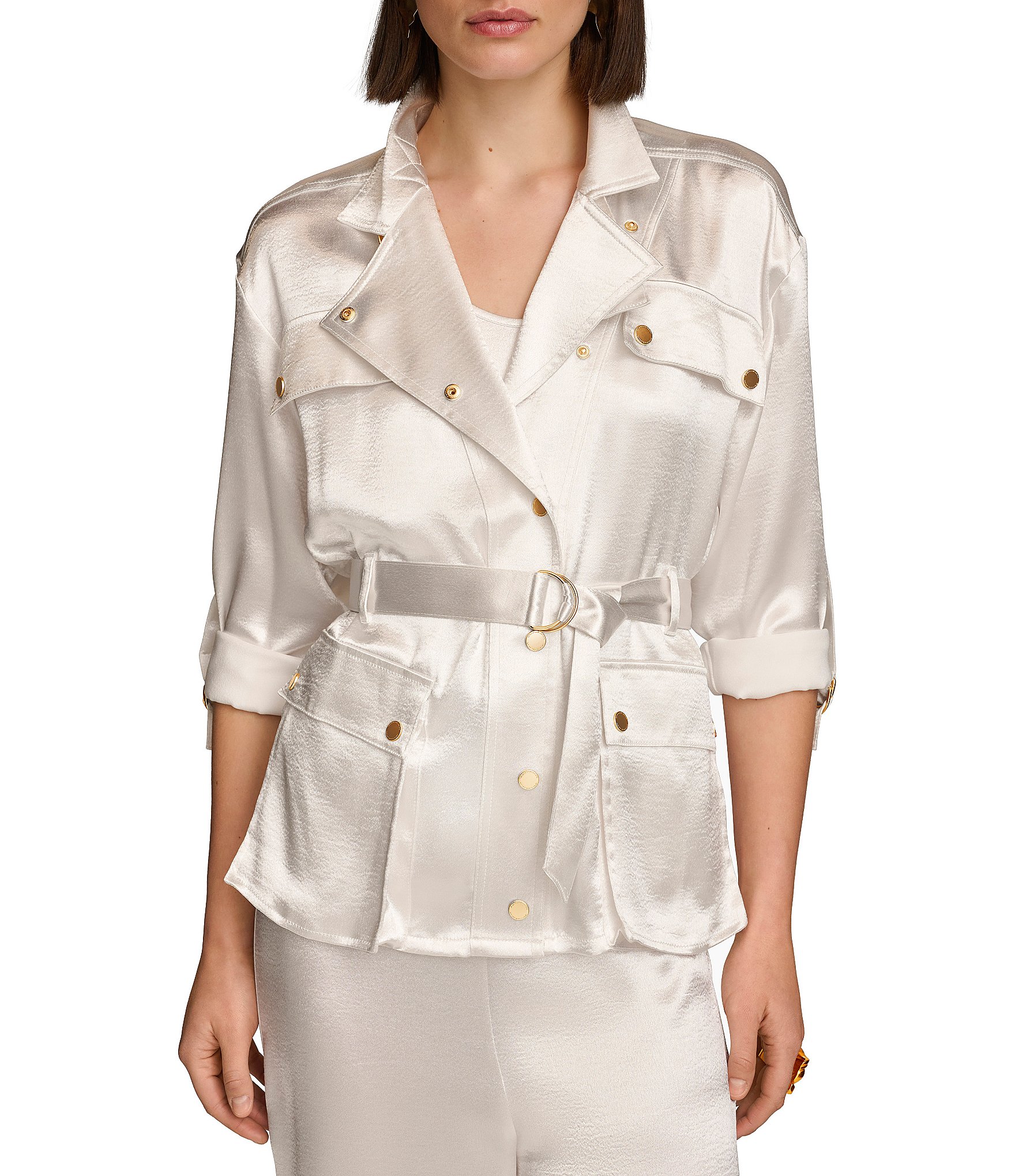 Donna Karan Satin Notch Lapel Collar Flap Pocket Roll Tab Long Sleeve ... Donna Karan Satin Notch Lapel Collar Flap Pocket Roll Tab Long Sleeve ...