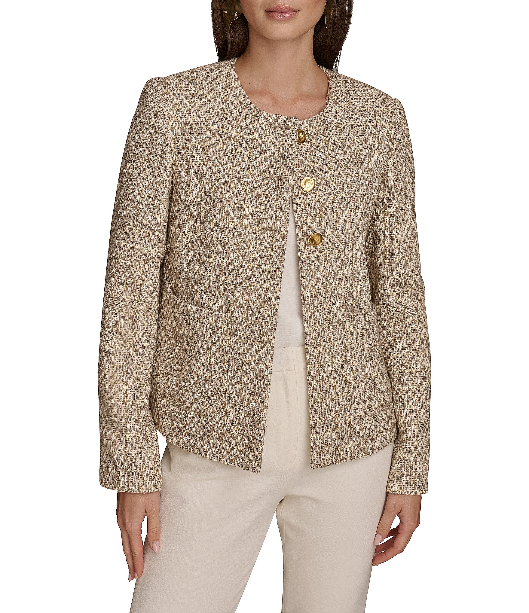 Donna Karan Tweed Triple Gold Button Crew Neck Jacket | Dillard's