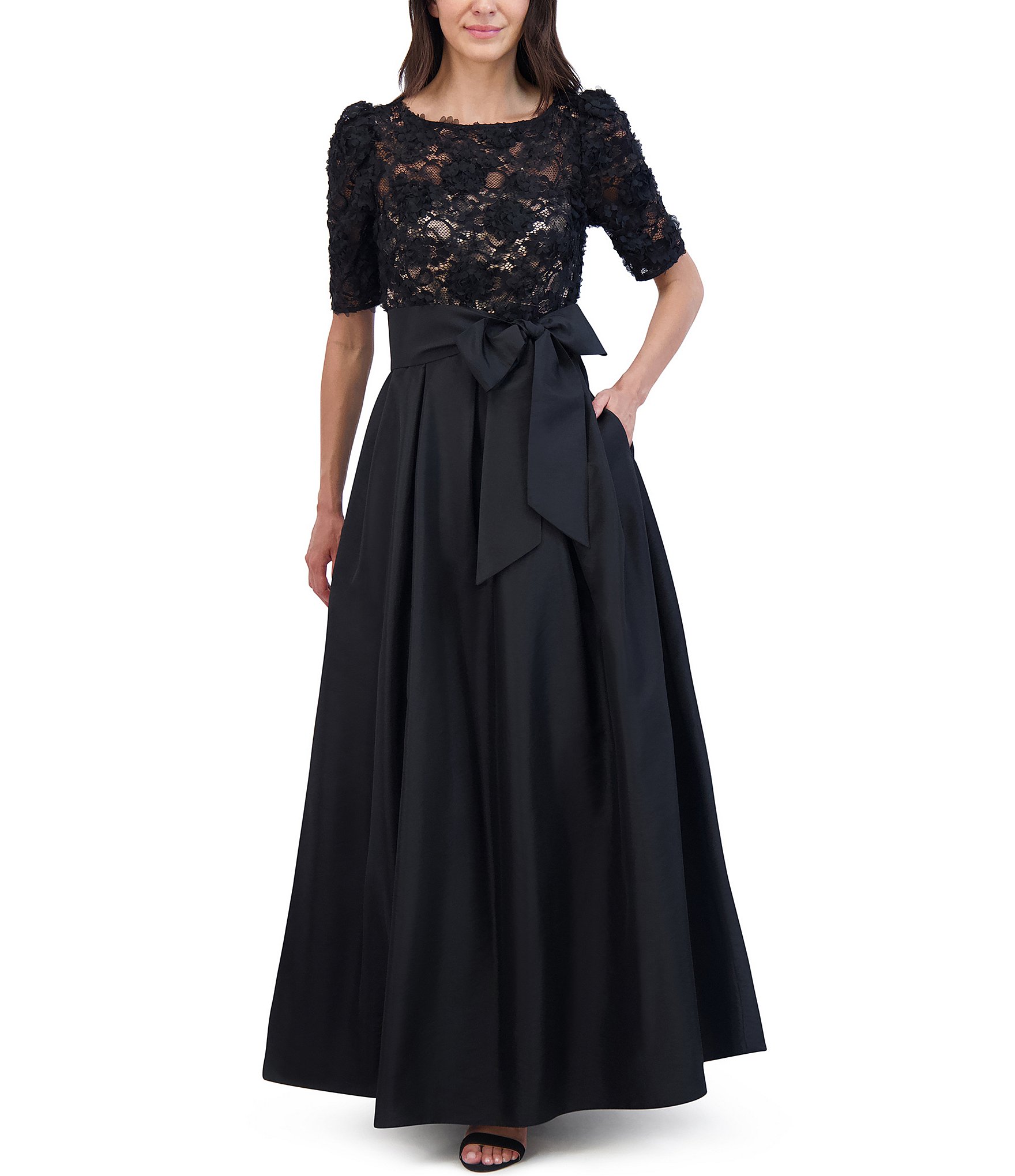 Eliza J Lace Boat Neck Elbow Sleeve Taffeta Bow Pleated Gown Dillards