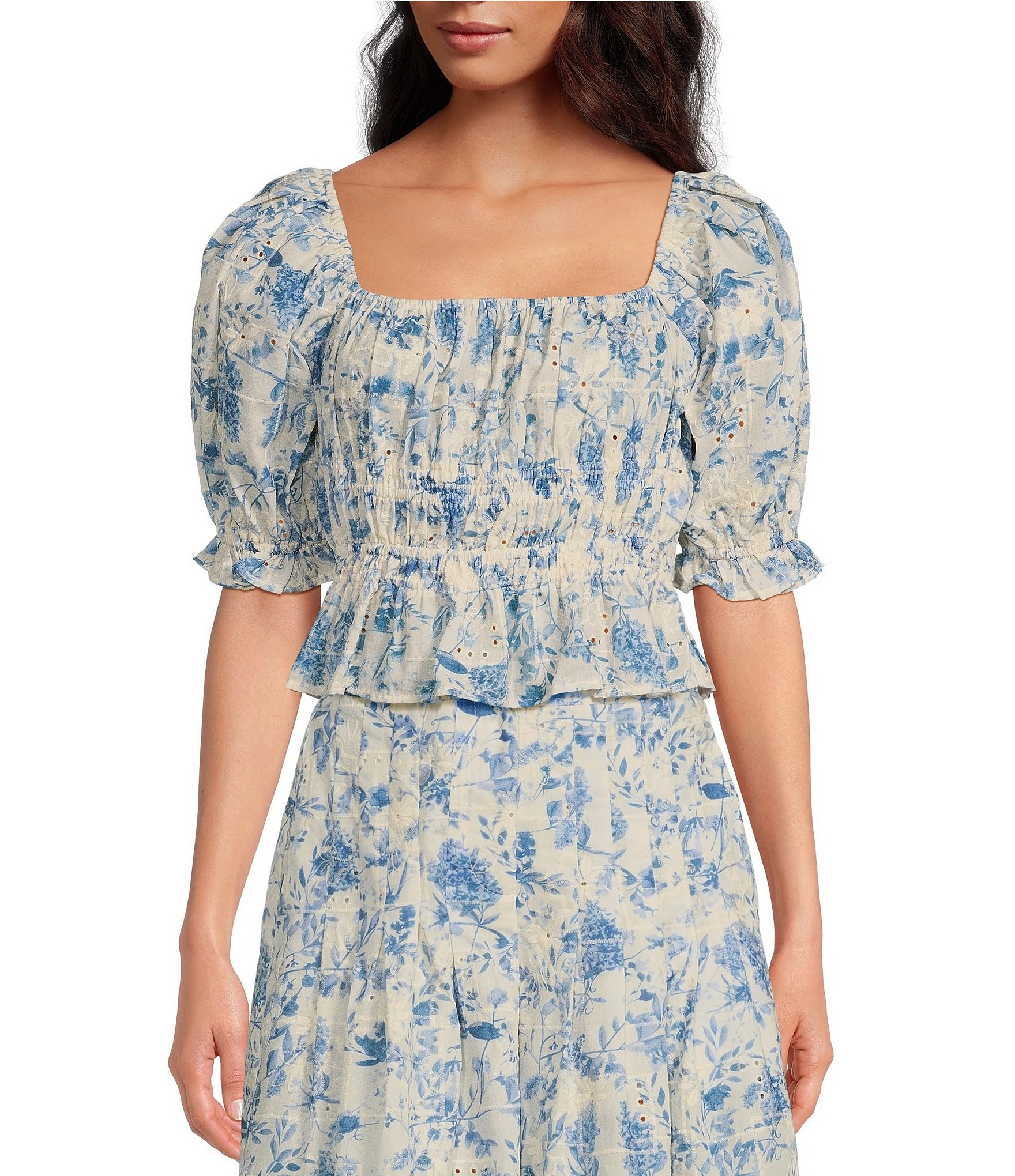 En Saison Davina Floral Print Square Neck Short Puff Sleeve