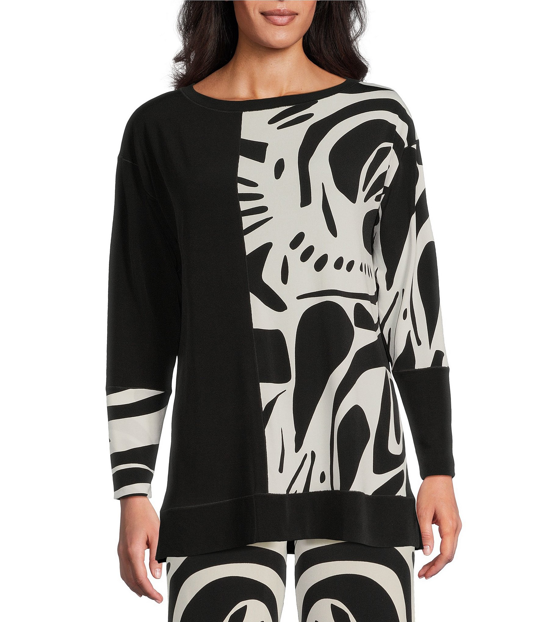 Eva Varro Abstract Print and Solid Combo Knit Jersey Boat Neck 3/4 ...