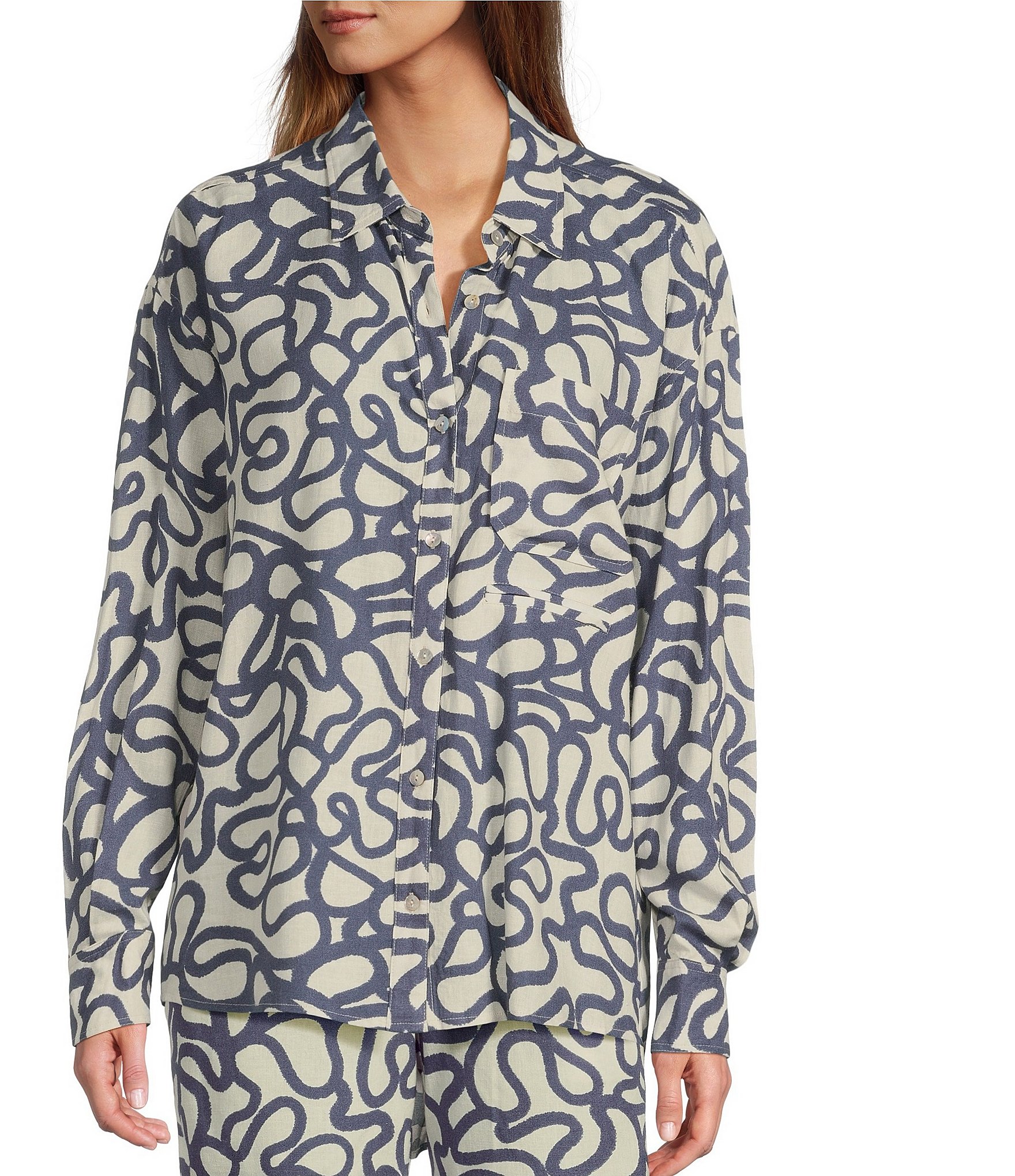 Every Linen Doodle Print Linen Blend V-Neck Long Sleeve Button Front ...