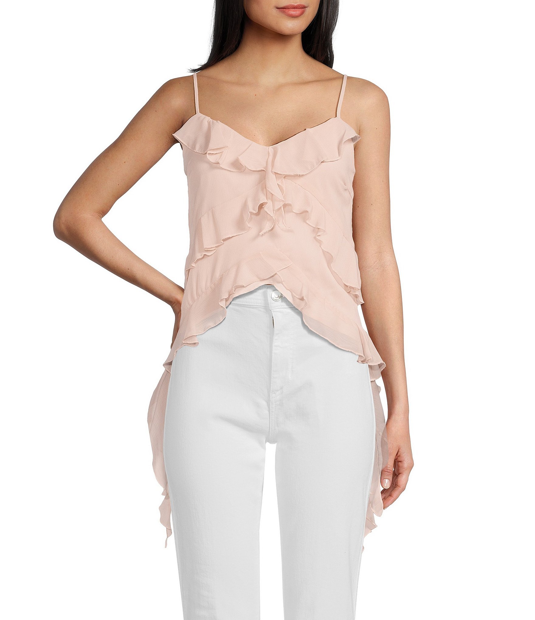 Evolutionary V-Neck Spaghetti Strap Ruffled Top | Dillard's