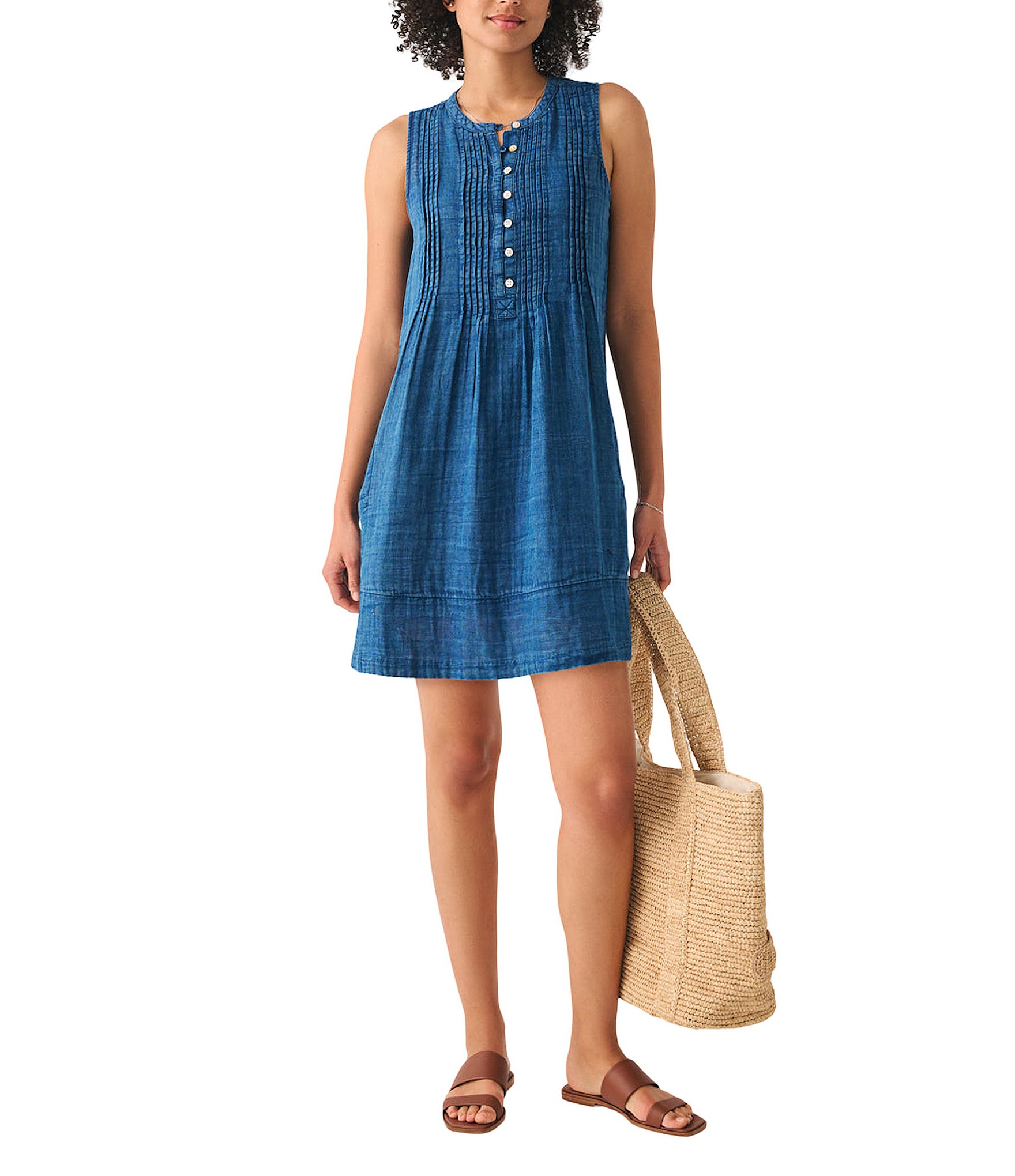 Faherty Isha Organic Cotton Banded Crew Neck Sleeveless Dress | Dillard's
