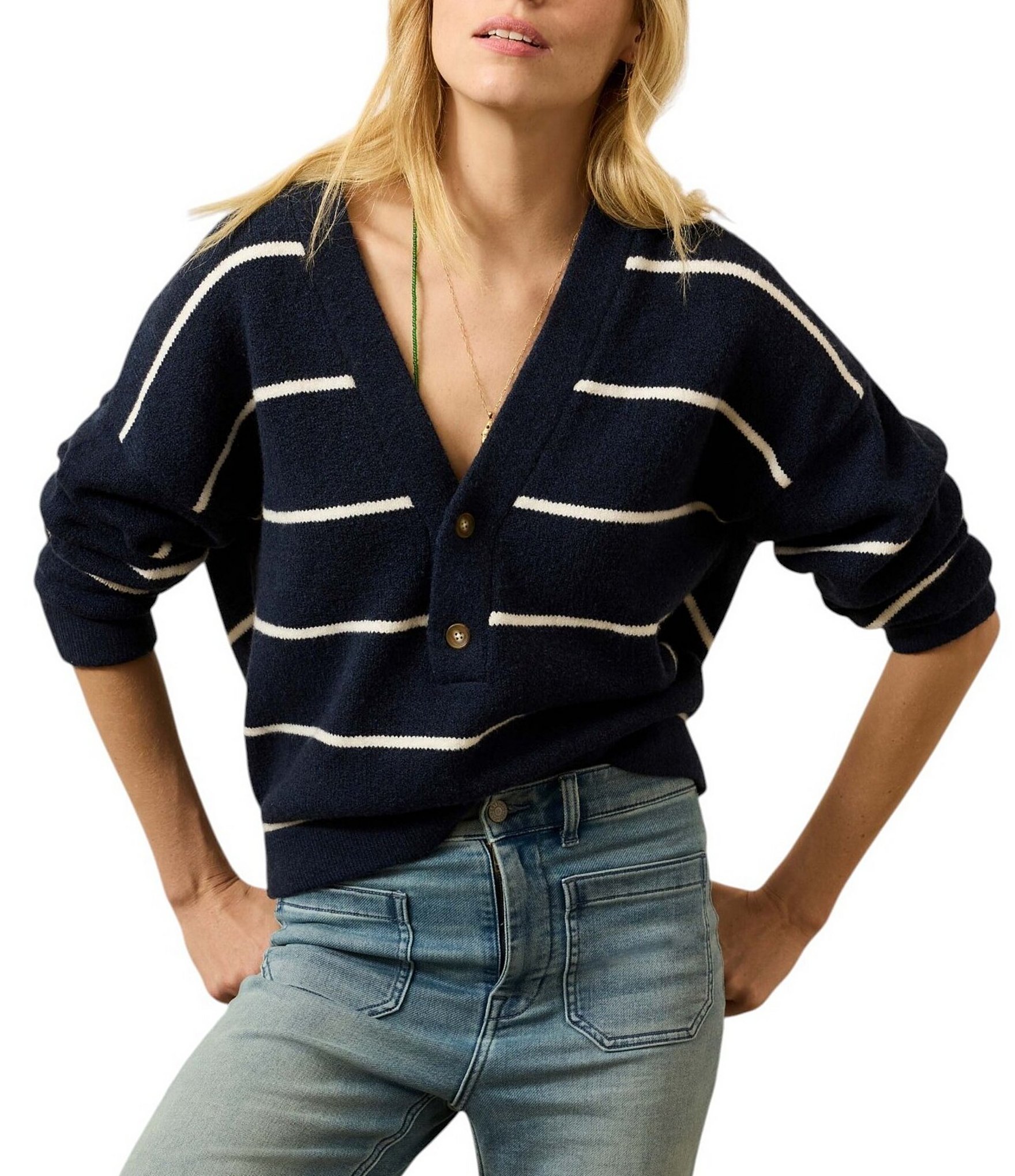 Faherty Jackson Popover Knit Striped V-Neck Long Sleeve Pullover ...