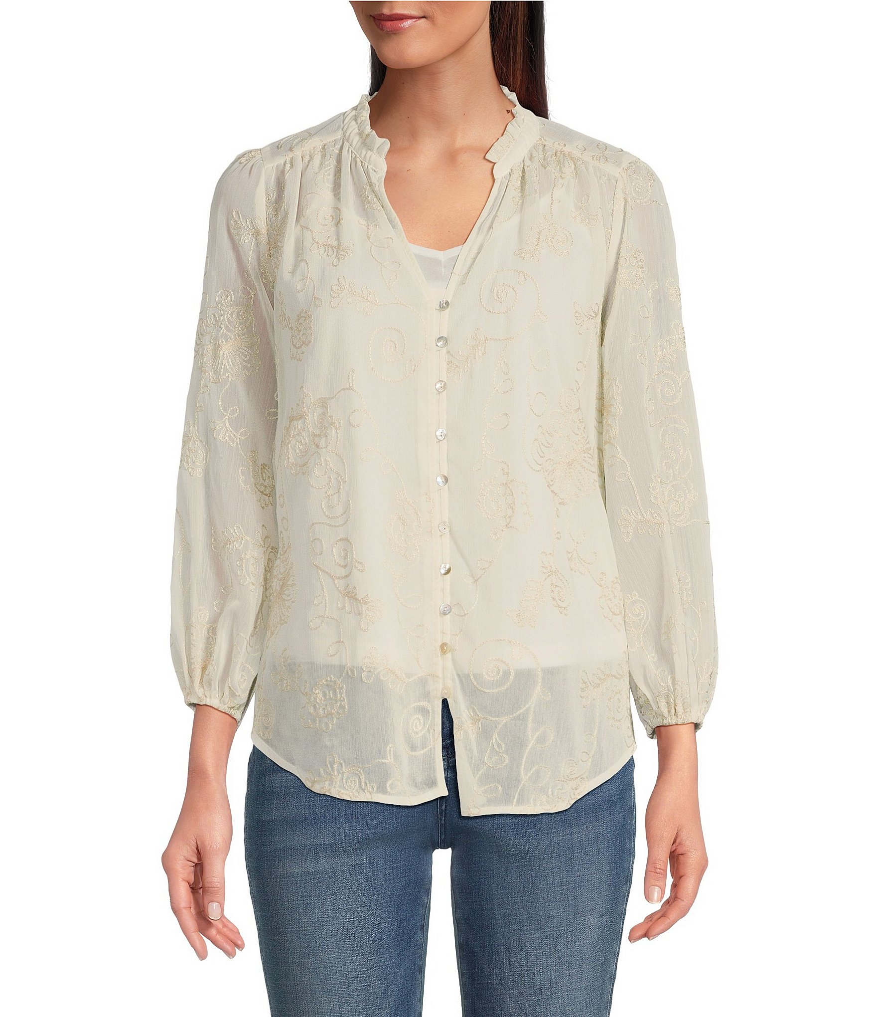Figueroa & Flower Petite Size Embriordered Ruffle Split-V-Neck Long Sleeve Button-Front Top ...