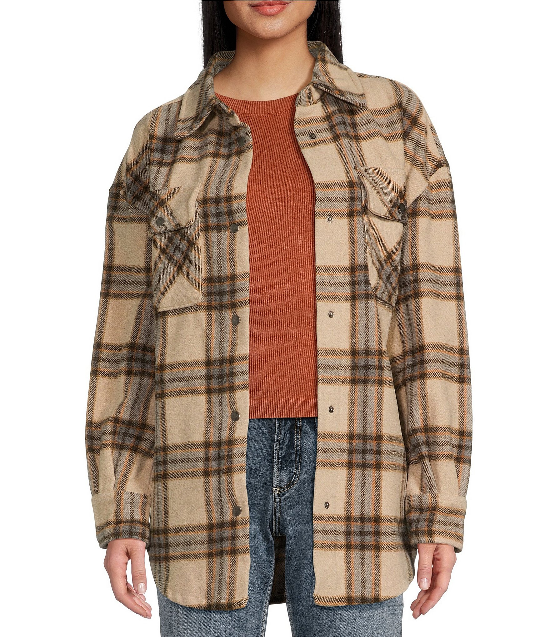Fornia Long Sleeve Oversized Boyfriend Plaid Shacket Jacket | Dillard's