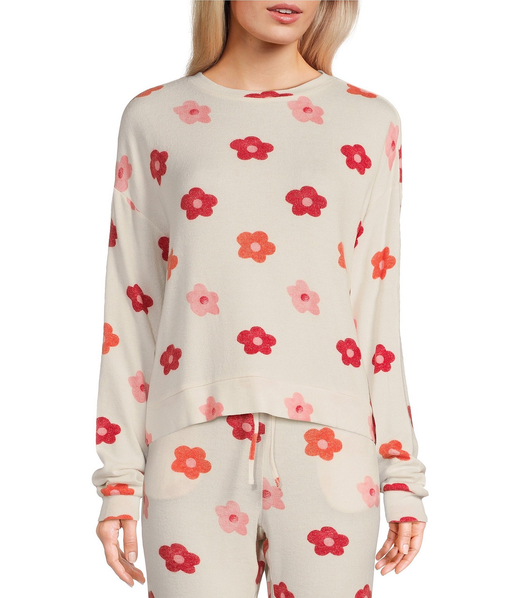 Fornia Long Sleeve Soft Brushed Printed Lounge Pullover Top | Dillard's