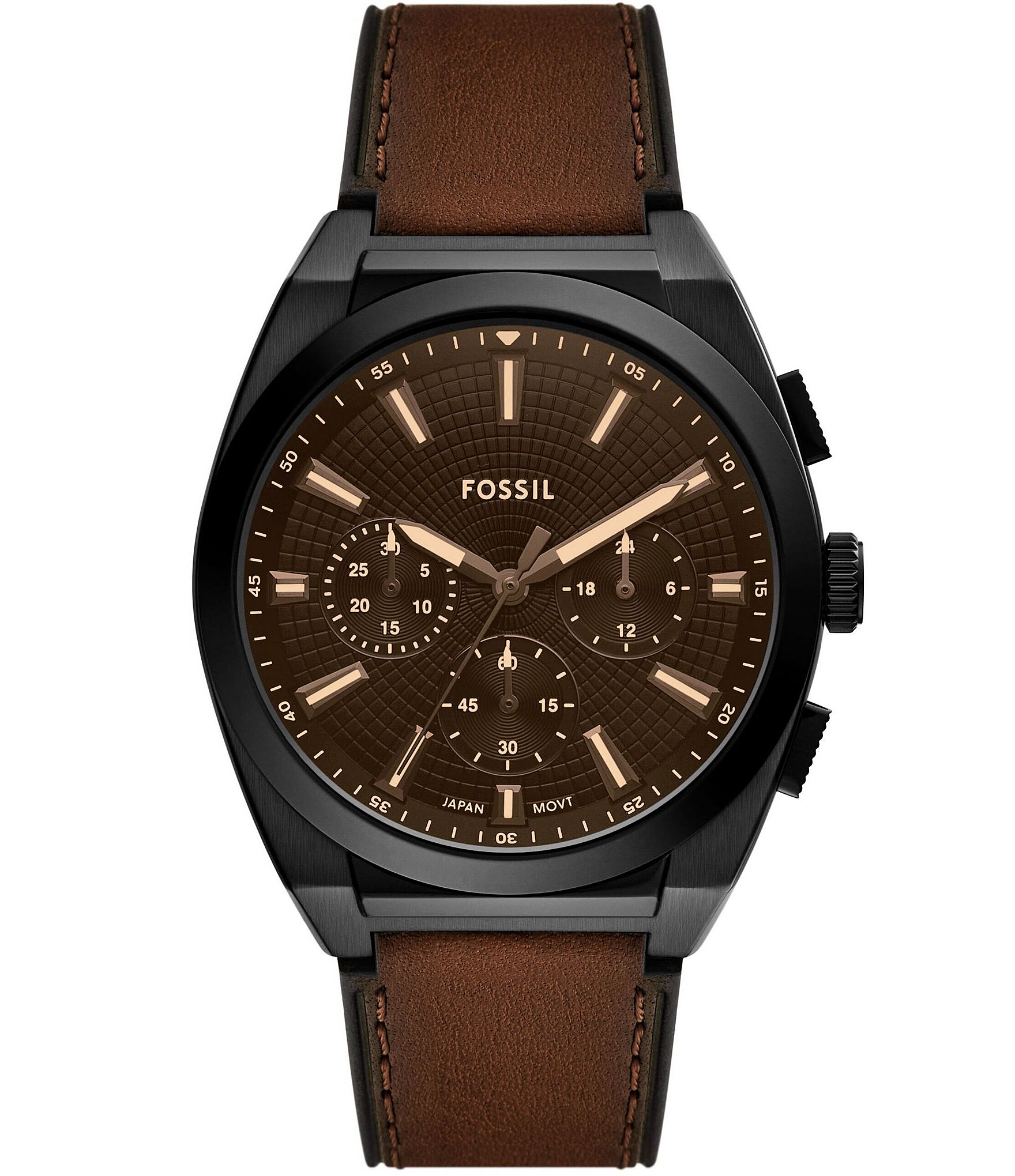 Fossil Men's Everett Chronograph Black Dial With Brown Leather Strap ...