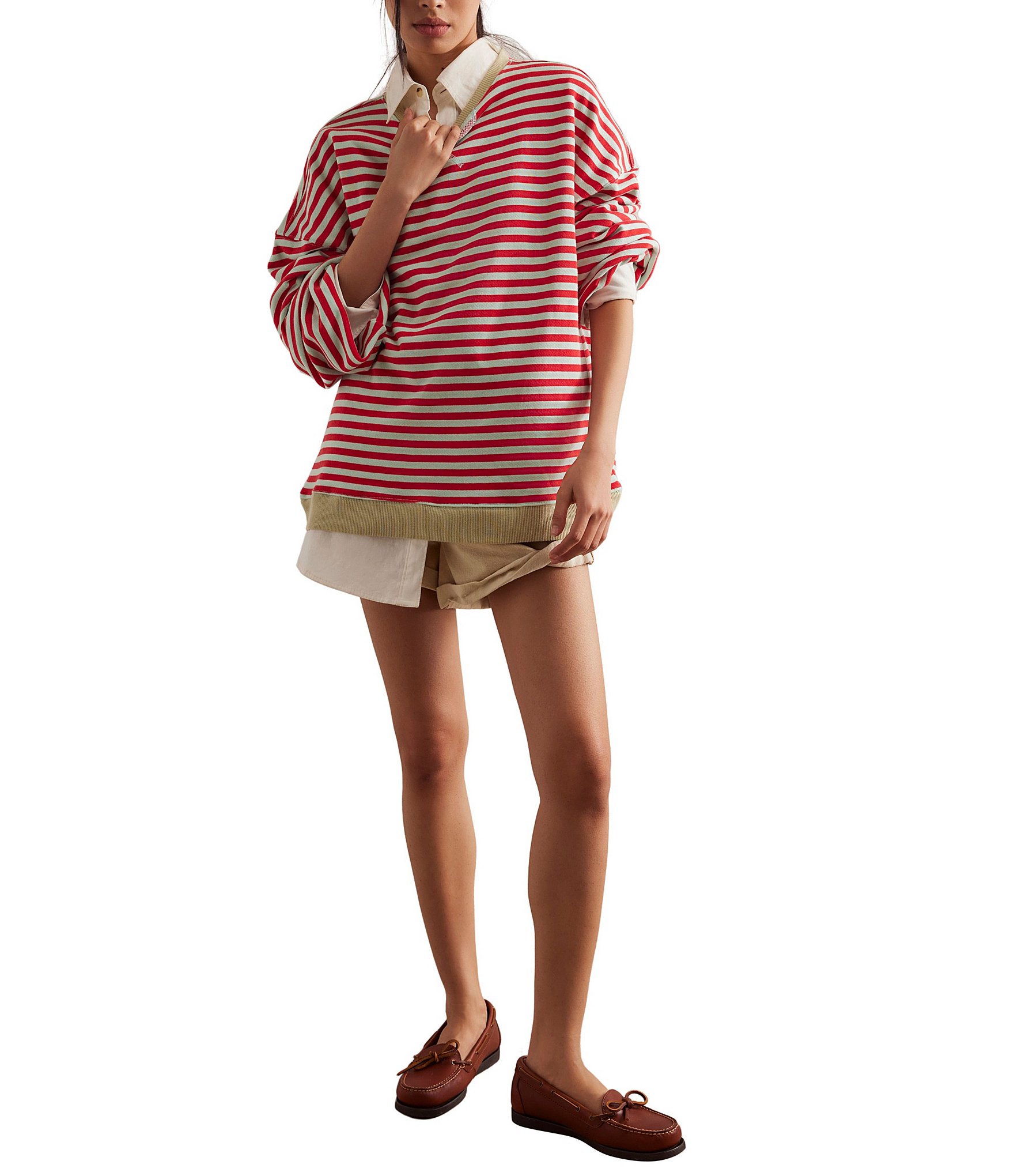 Free People Classic Striped Oversized Crew Neck Long Sleeve Sweatshirt ...