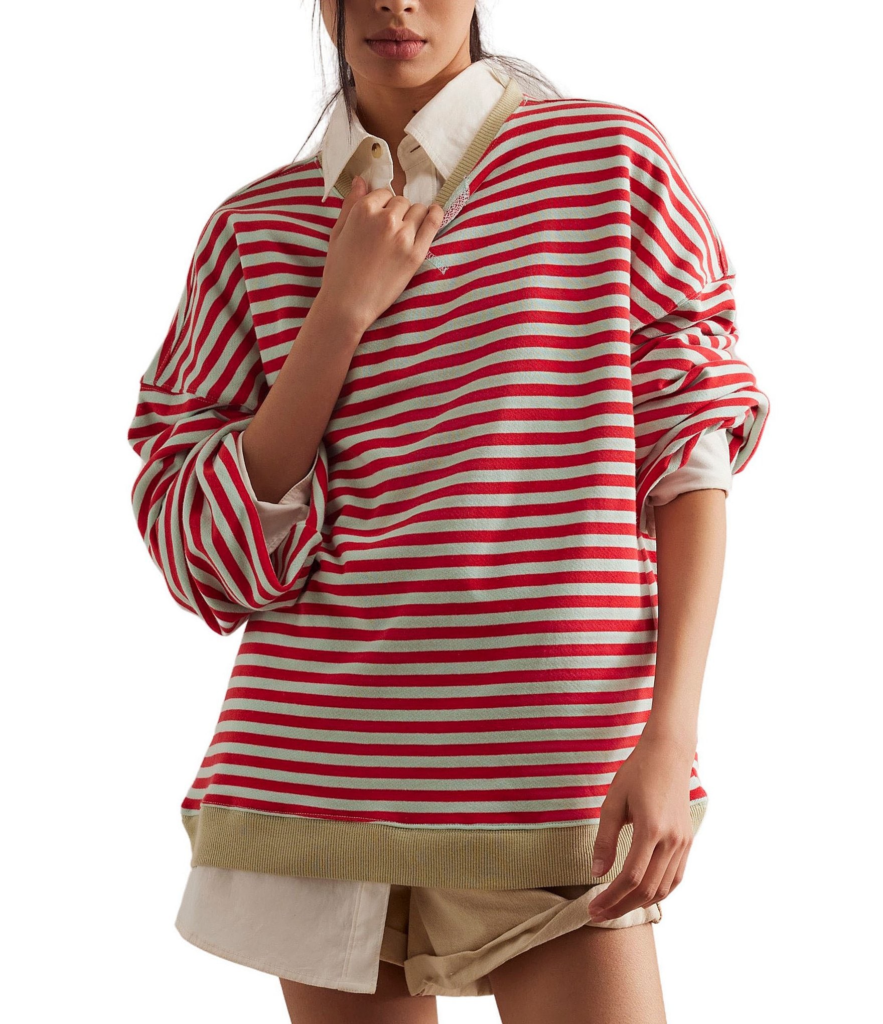 Free People Classic Striped Oversized Crew Neck Long Sleeve Sweatshirt ...