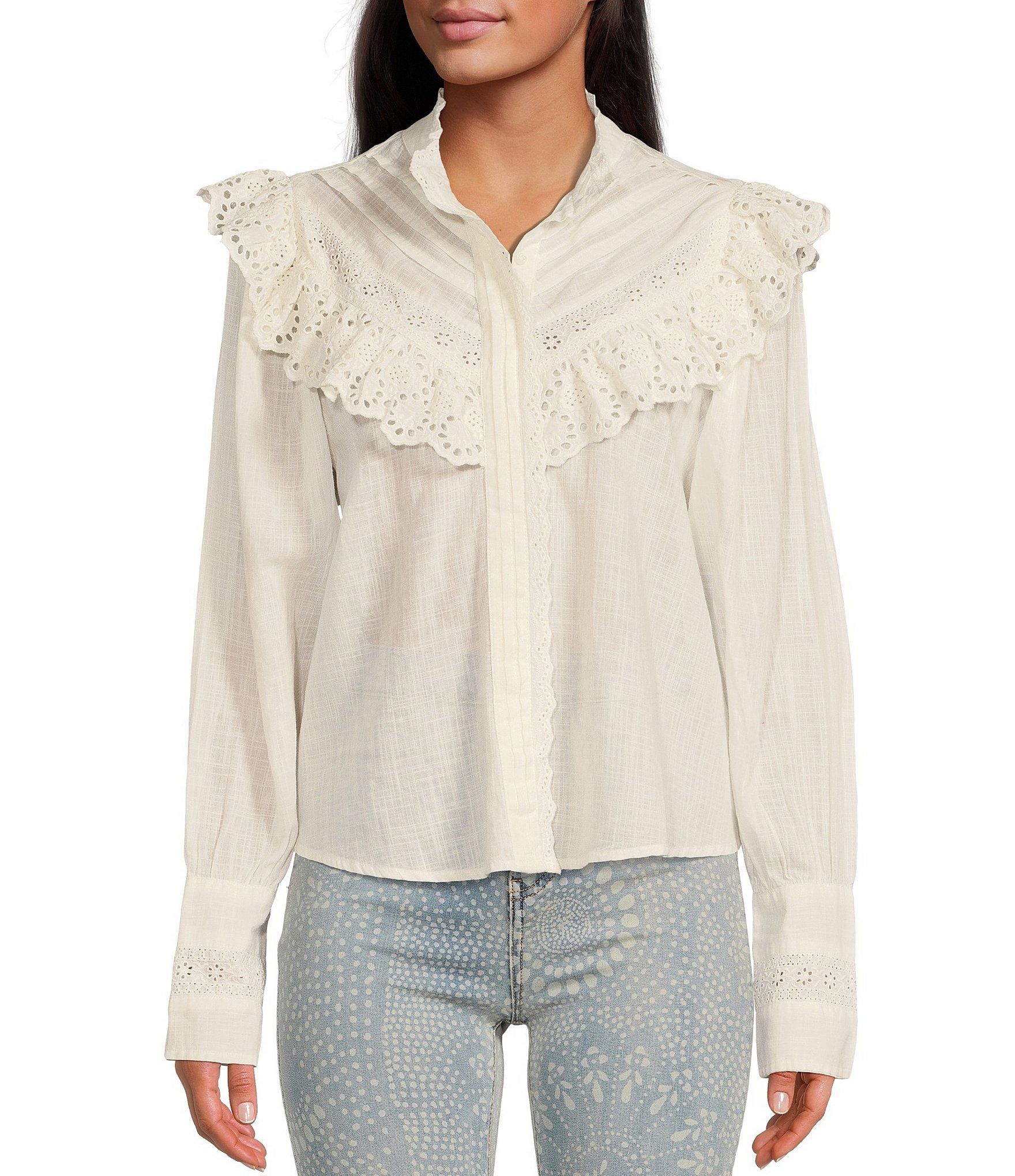 Free People Hit The Road Eyelet Trim Mock Neck Long Blouson Sleeve