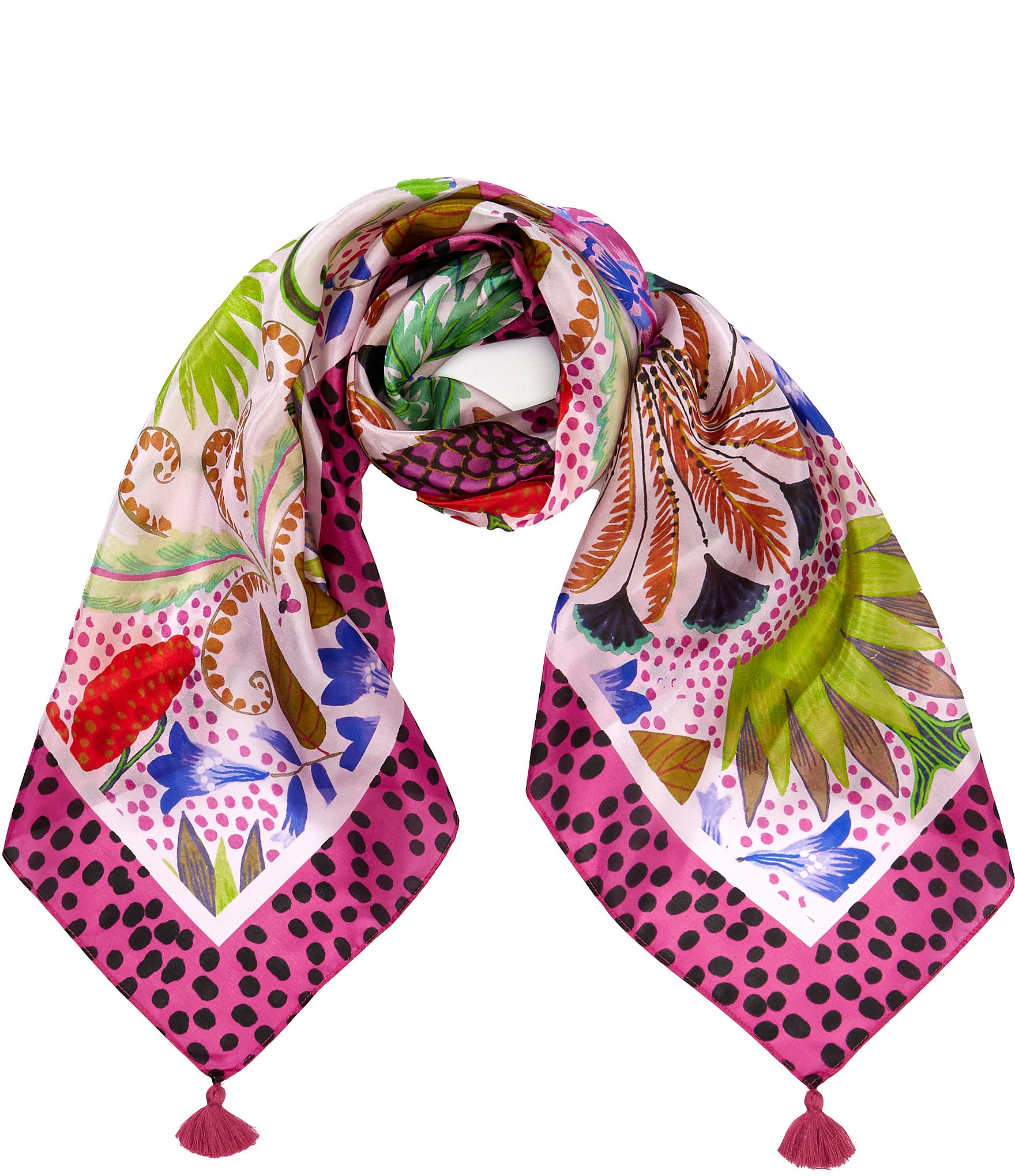 Gemma Layne Purple Tropic Print Silk Square Scarf with Tassels | Dillard's