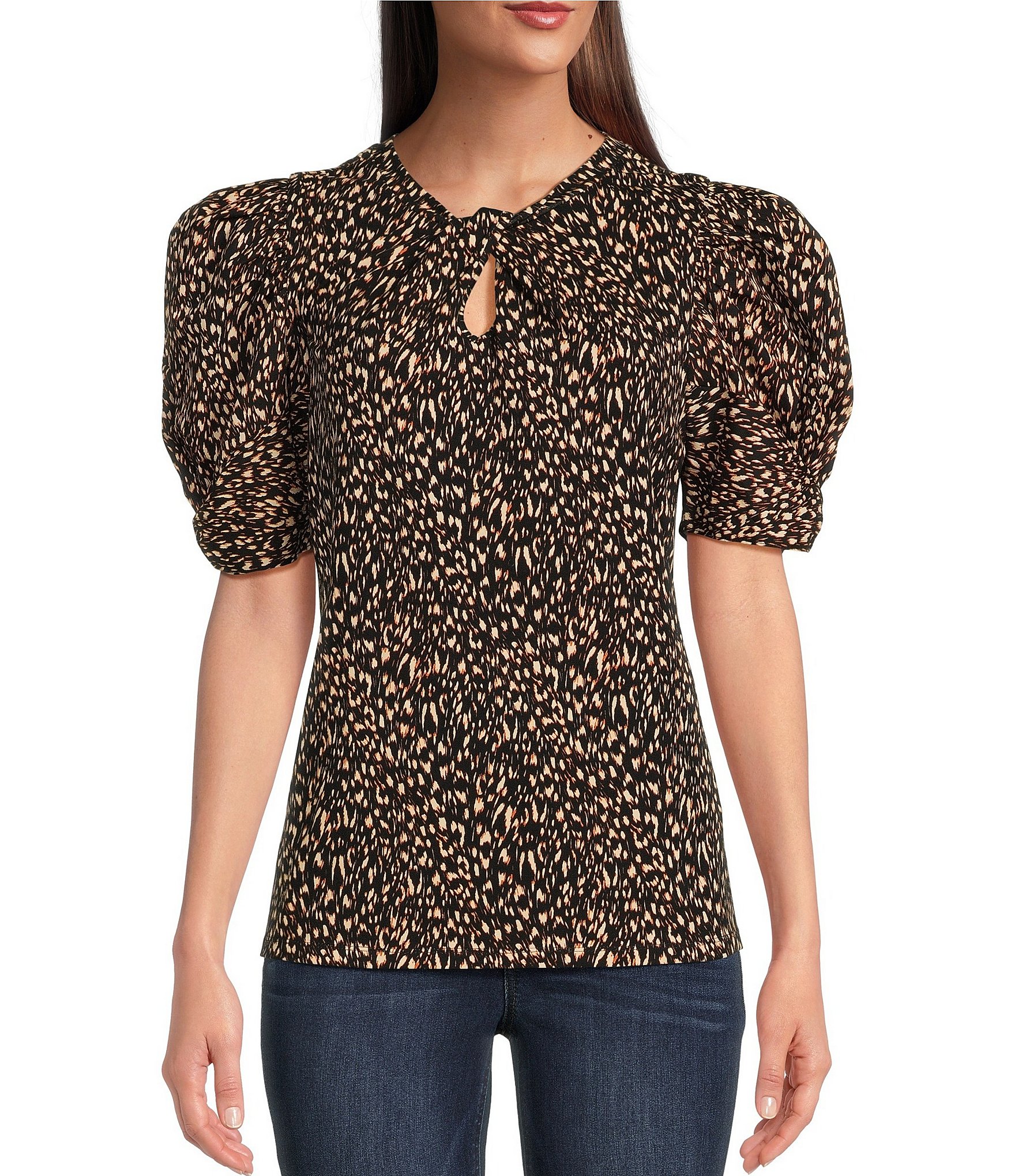 Gibson And Latimer Printed Twisted Keyhole Neck Short Ruched Puffed