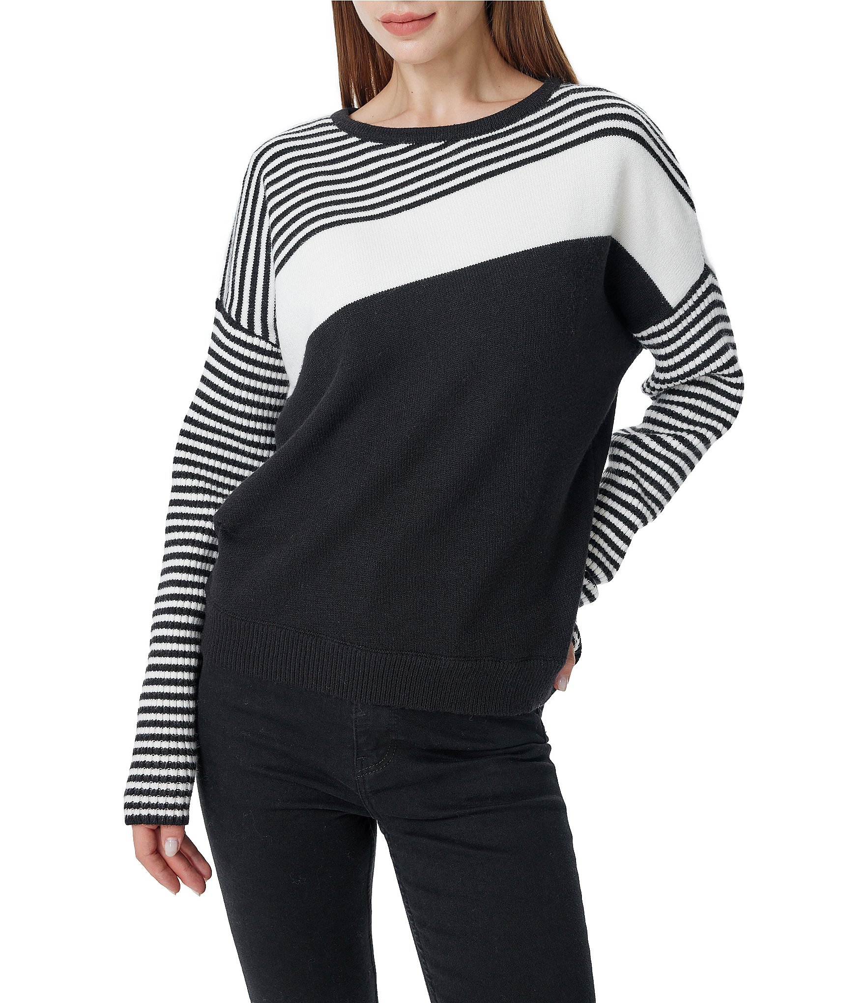 Greige Crewneck Striped Long Sleeve Sweater | Dillard's