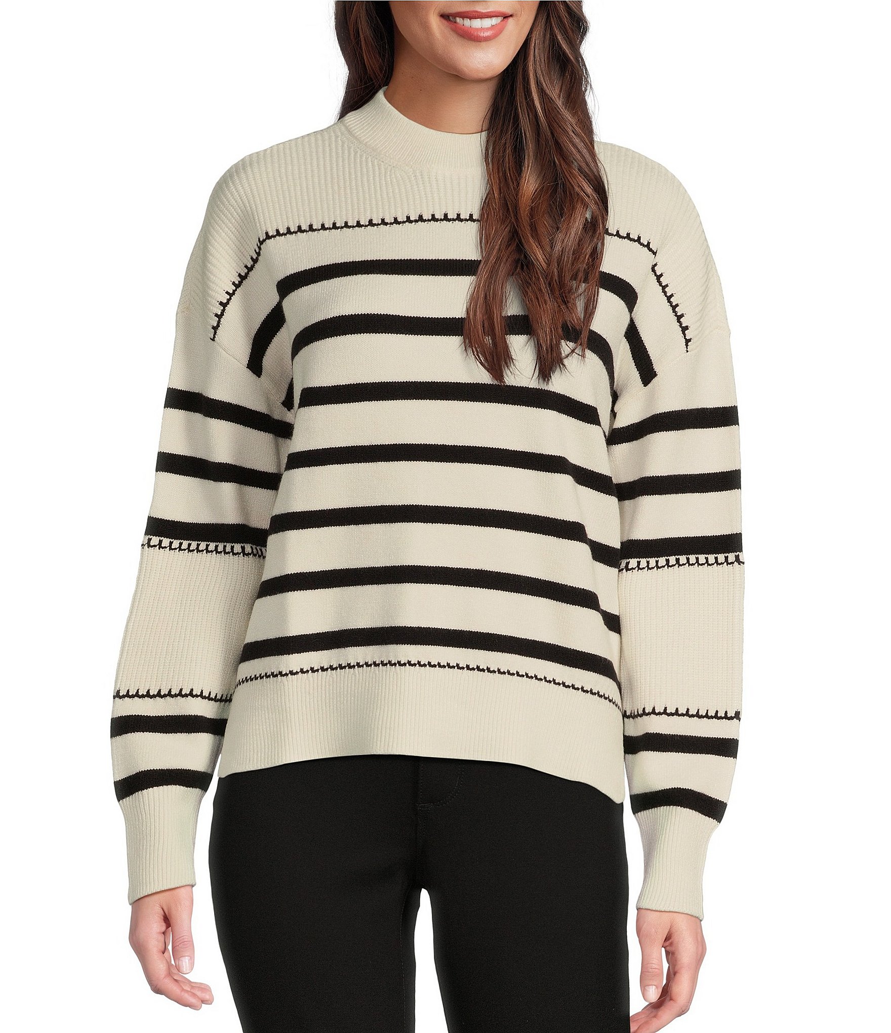 Greige Stripe Stand Neck Long Sleeve Sweater | Dillard's