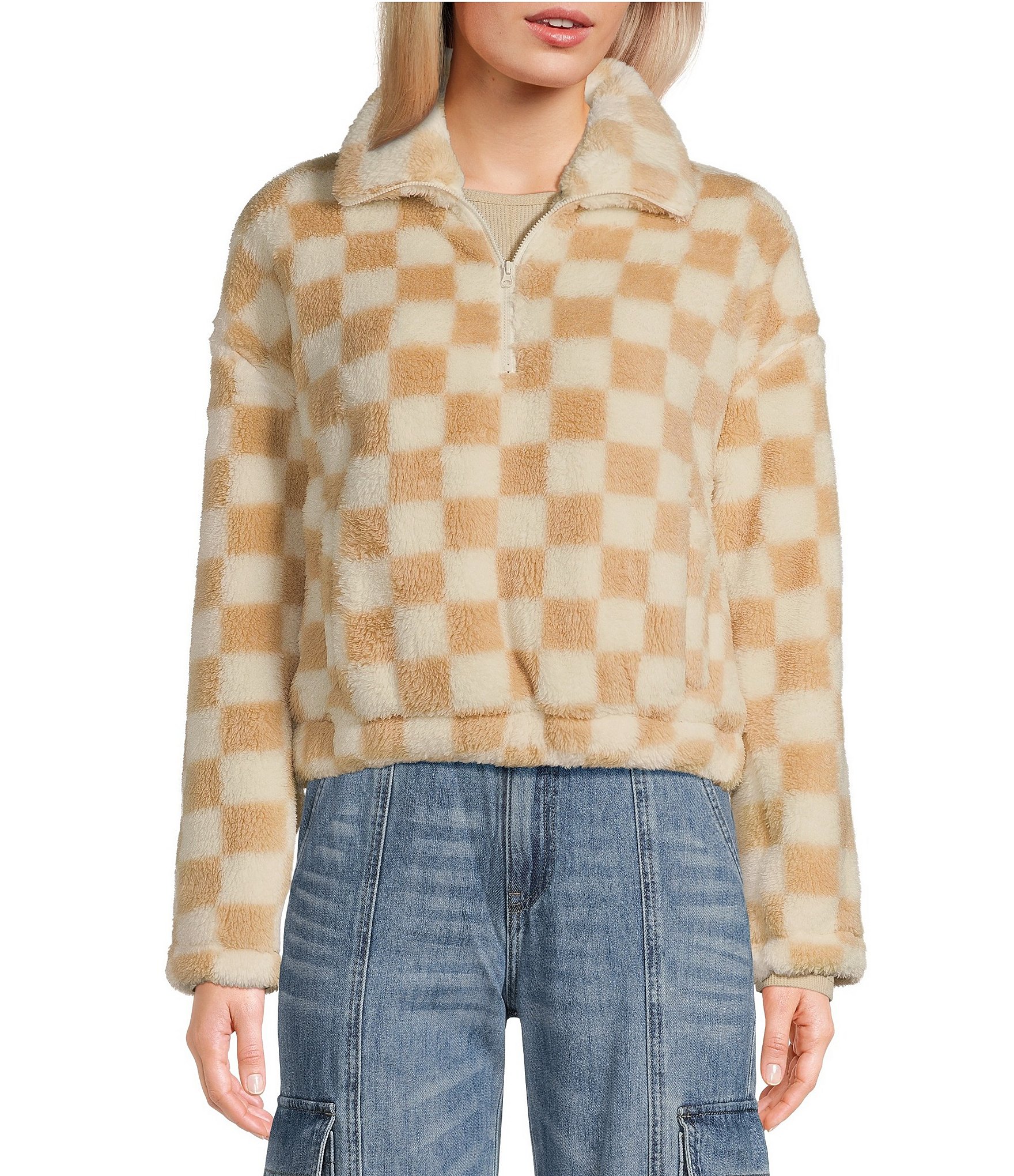 Honey & Sparkle Checkered Fleece Quarter Zip Jacket | Dillard's