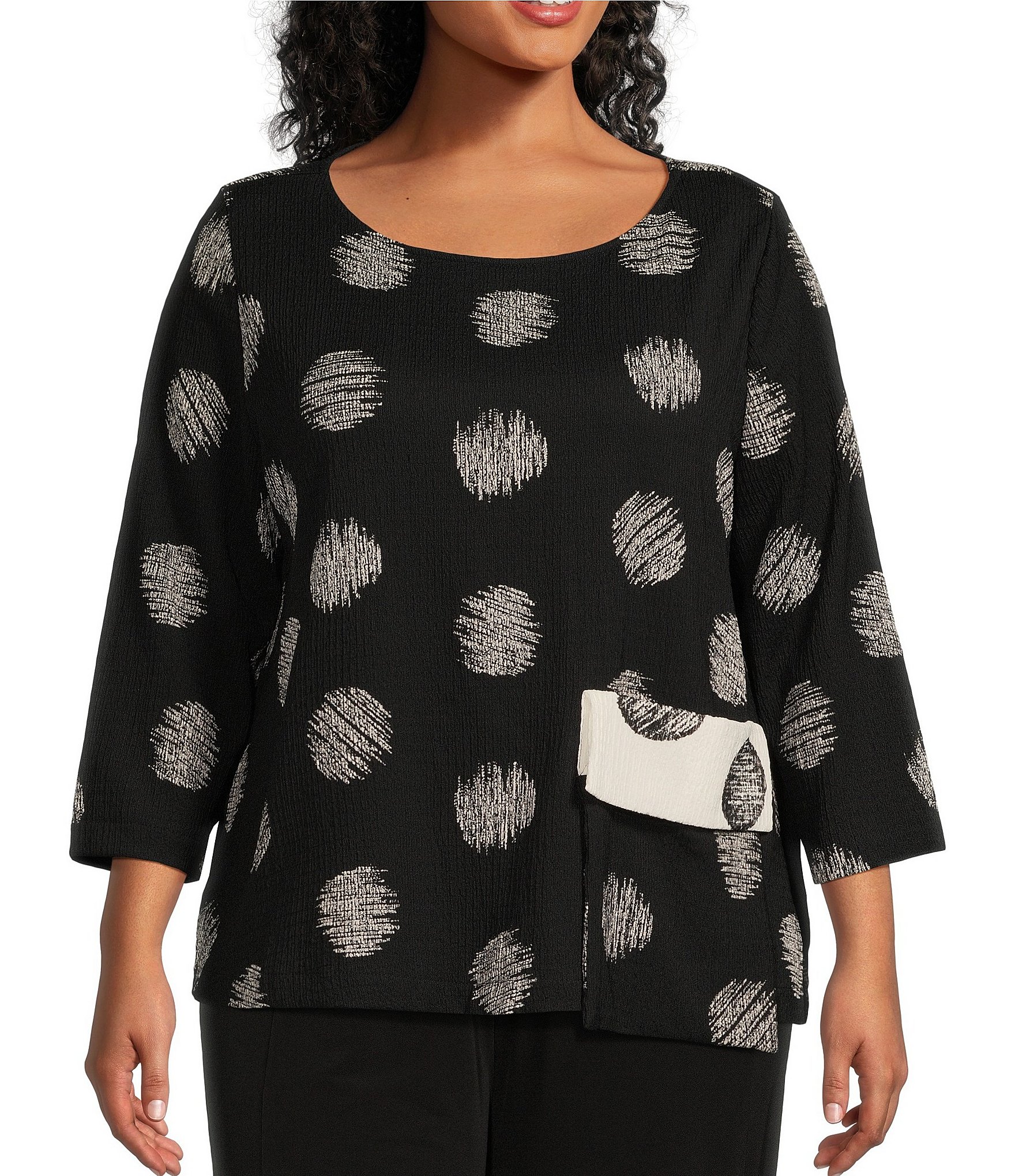 IC Collection Plus Size Woven Dotted Mixed Print Crew Neck 3/4 Sleeve ...