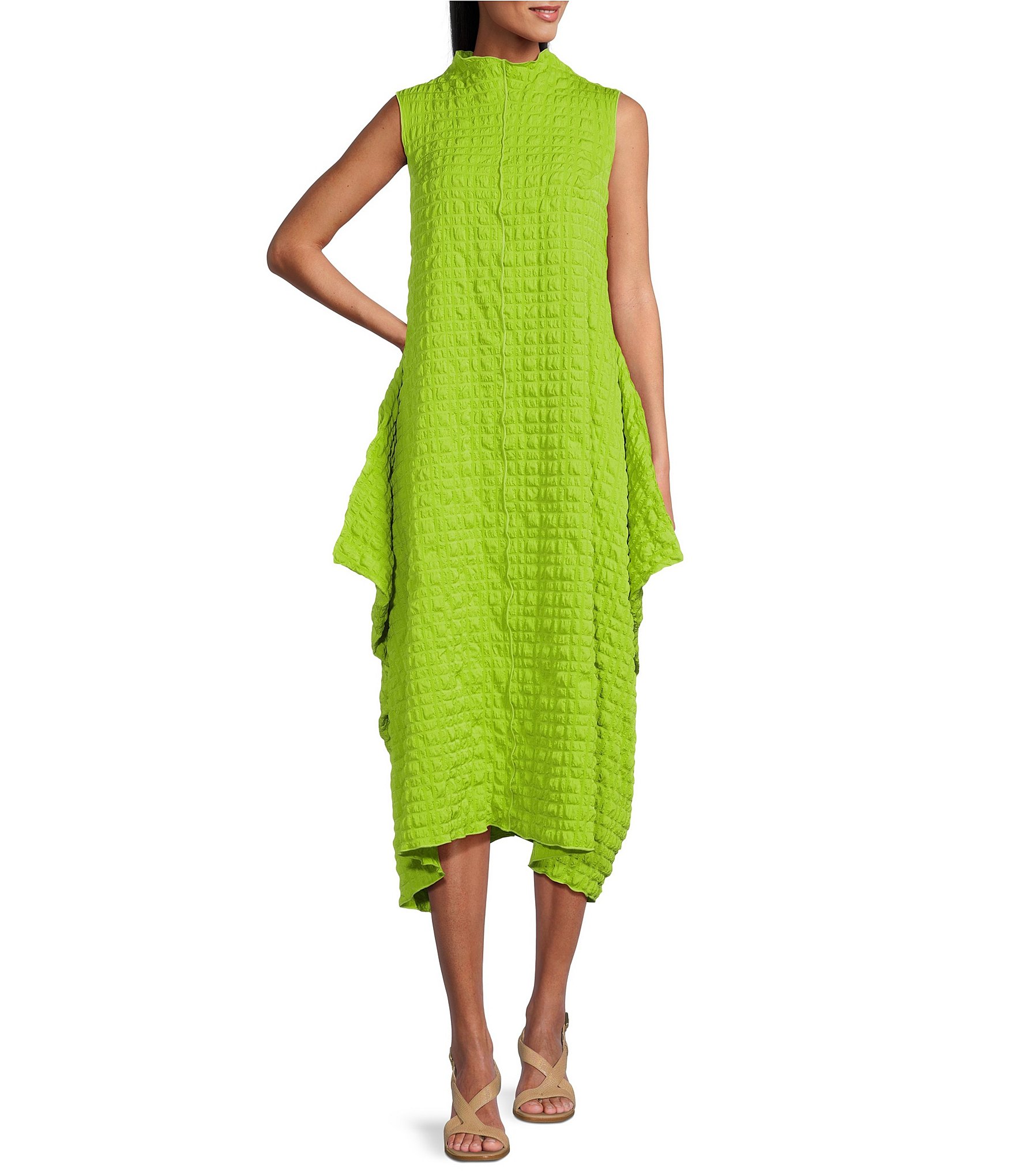 IC Collection Pucker Bubble Check Pattern Mock Neck Sleeveless Drape ...