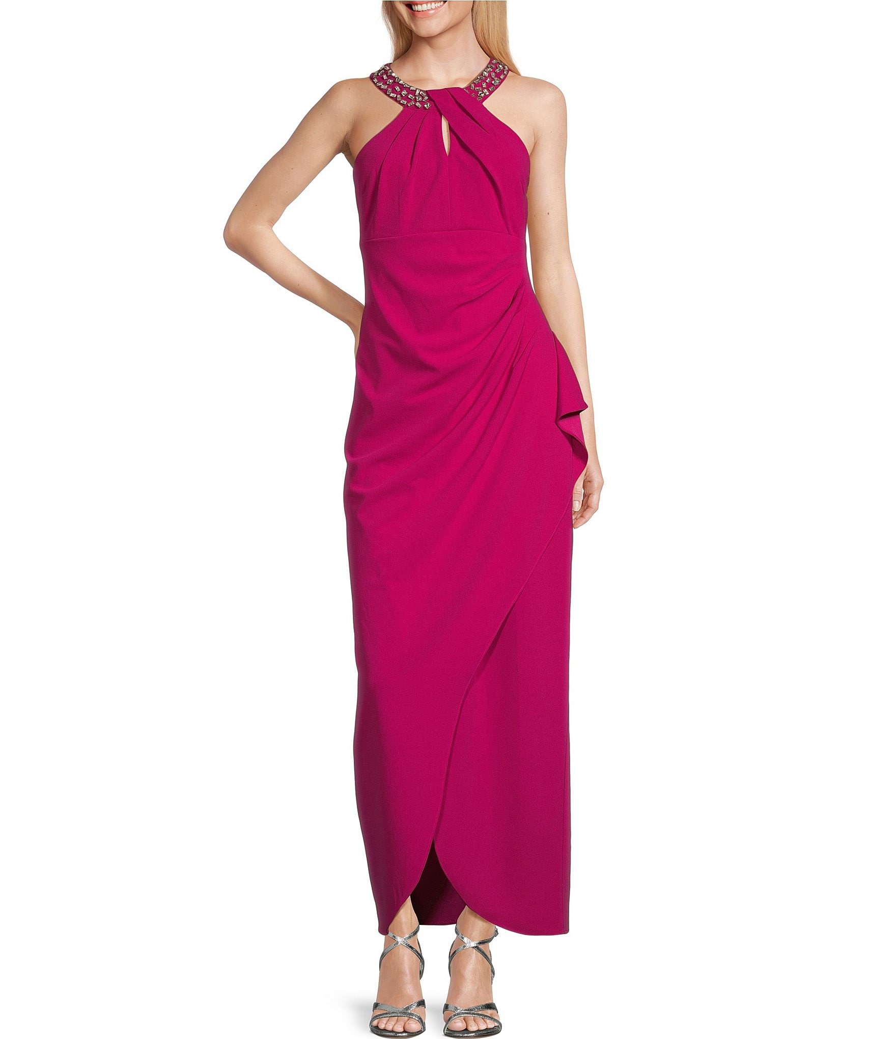 Ignite Evenings Embellished Halter Neck Sleeveless Ruched Side Cascade
