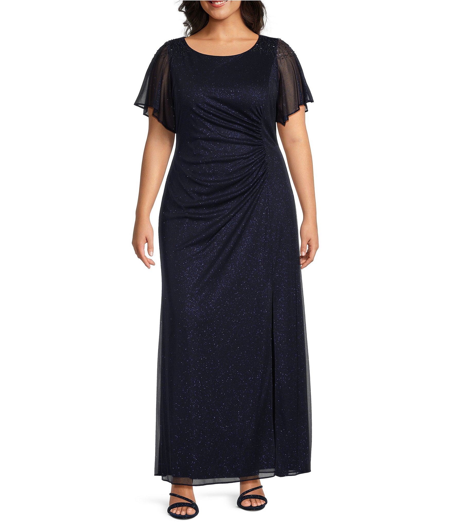 Ignite Evenings Plus Size Short Sleeve Round Neck Front Slit Glitter