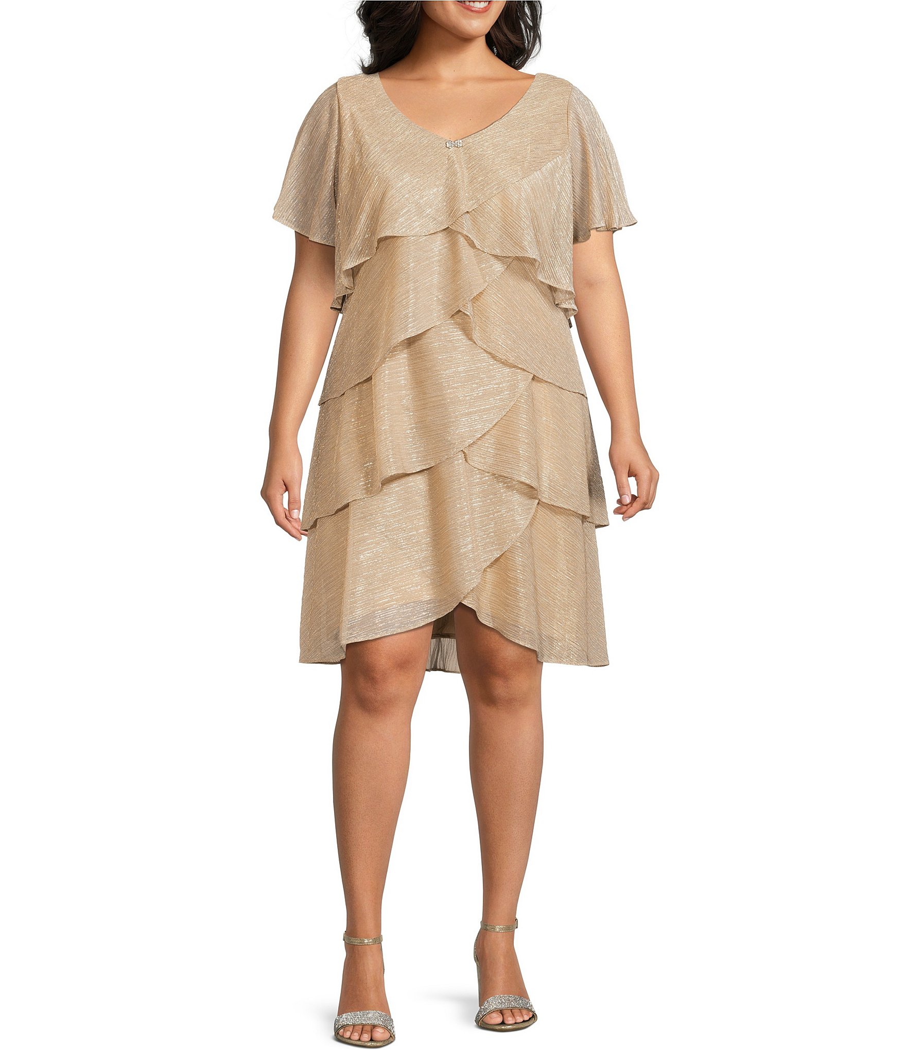 Ignite Evenings Plus Size V-Neck Shimmer Tiered Short Sleeve Dress ...