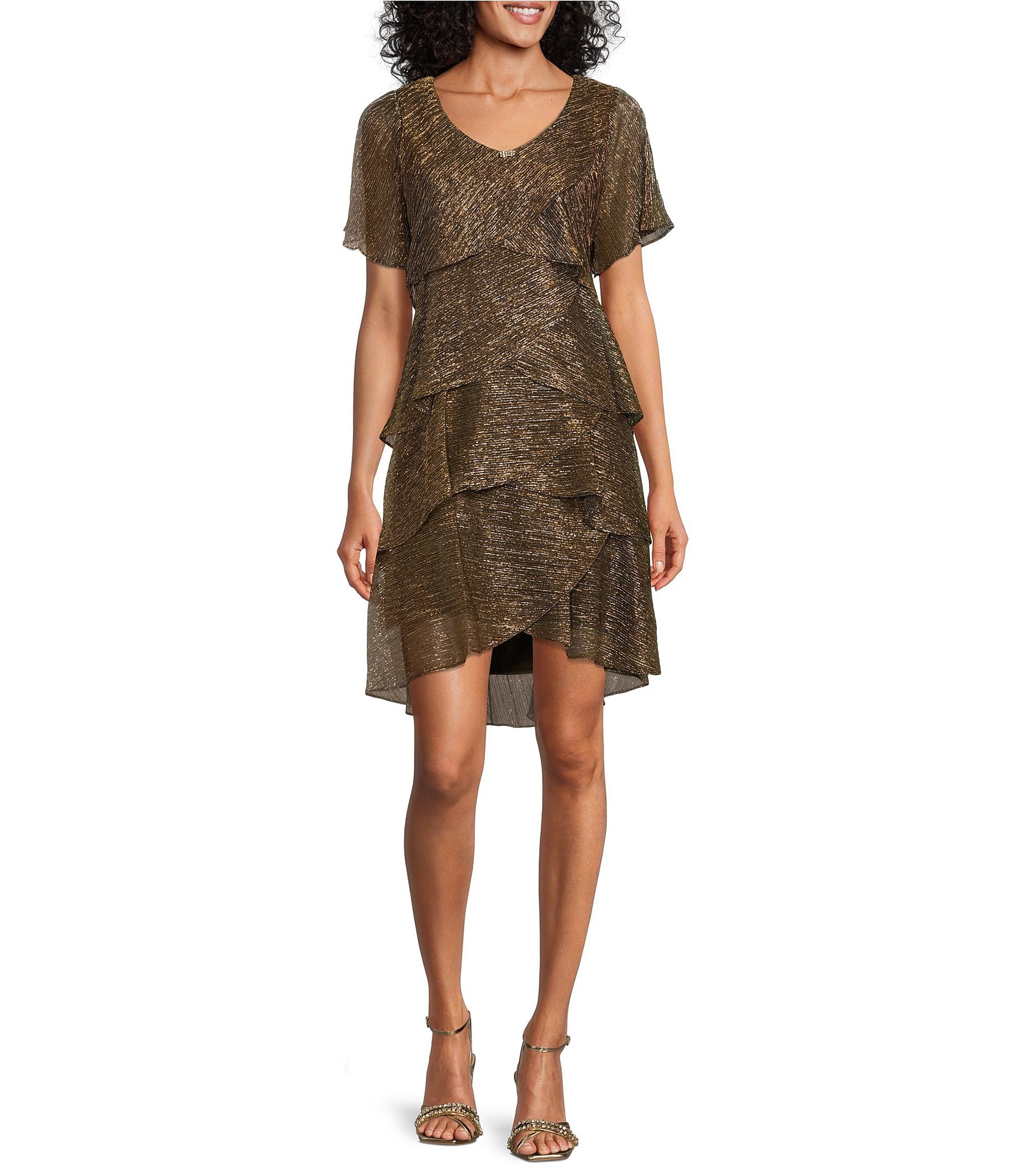 Ignite Evenings Shimmer Tiered Ruffle V Neck Embellishment Short