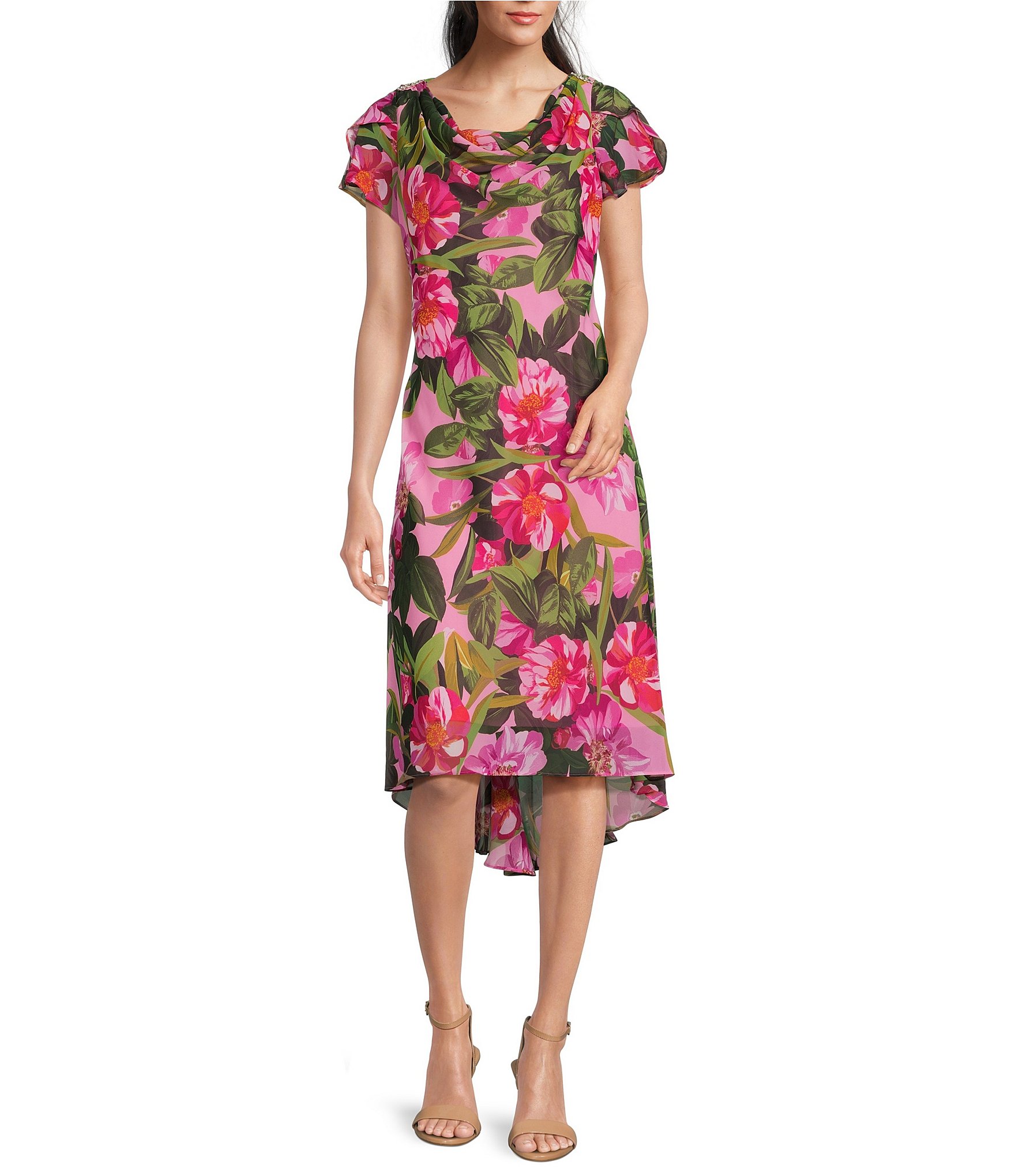 Ignite Evenings Short Flutter Sleeve Cowl Neck V Back Floral Dress