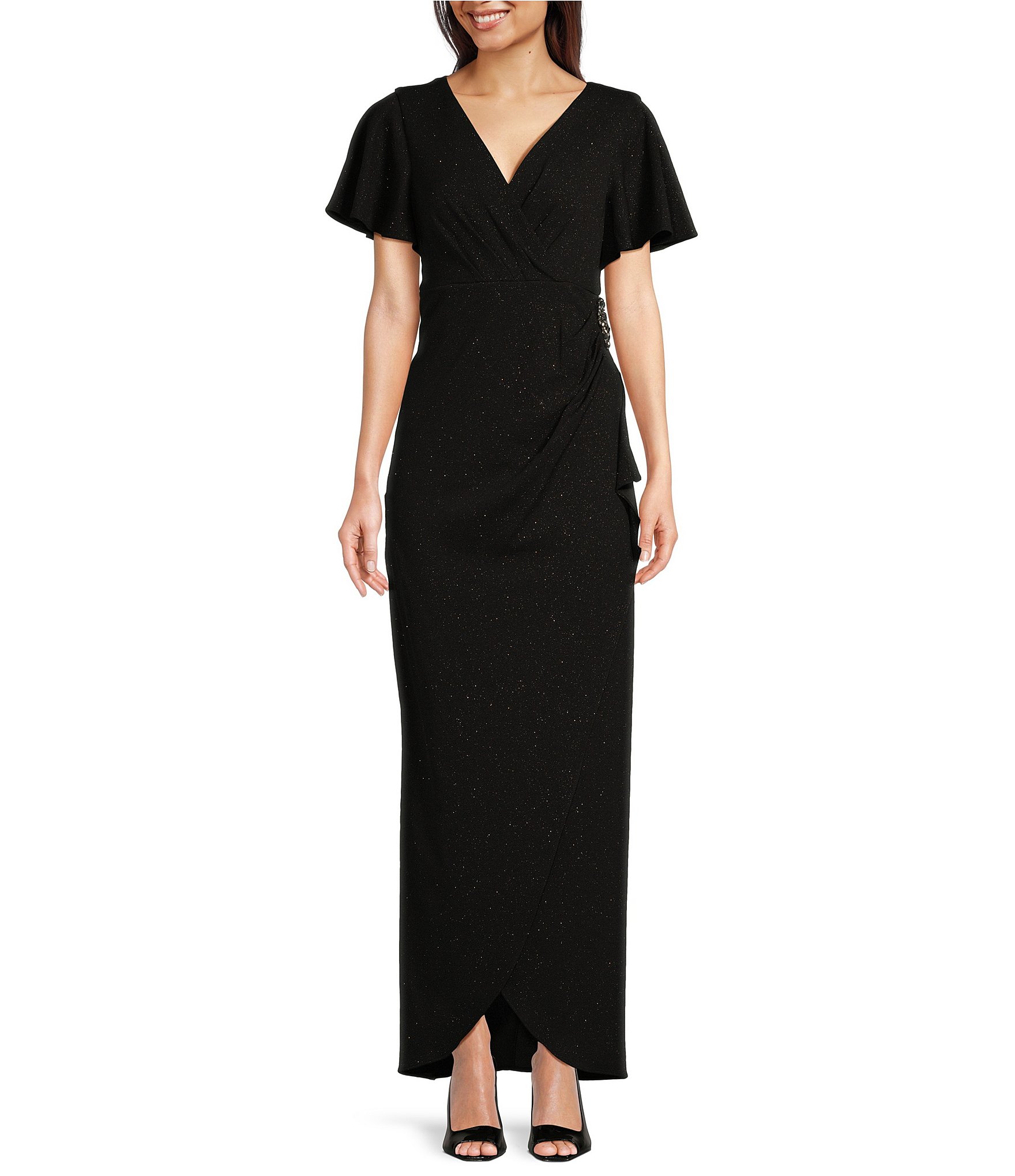 Ignite Evenings Short Flutter Sleeve V Neck Glitter Knit Empire