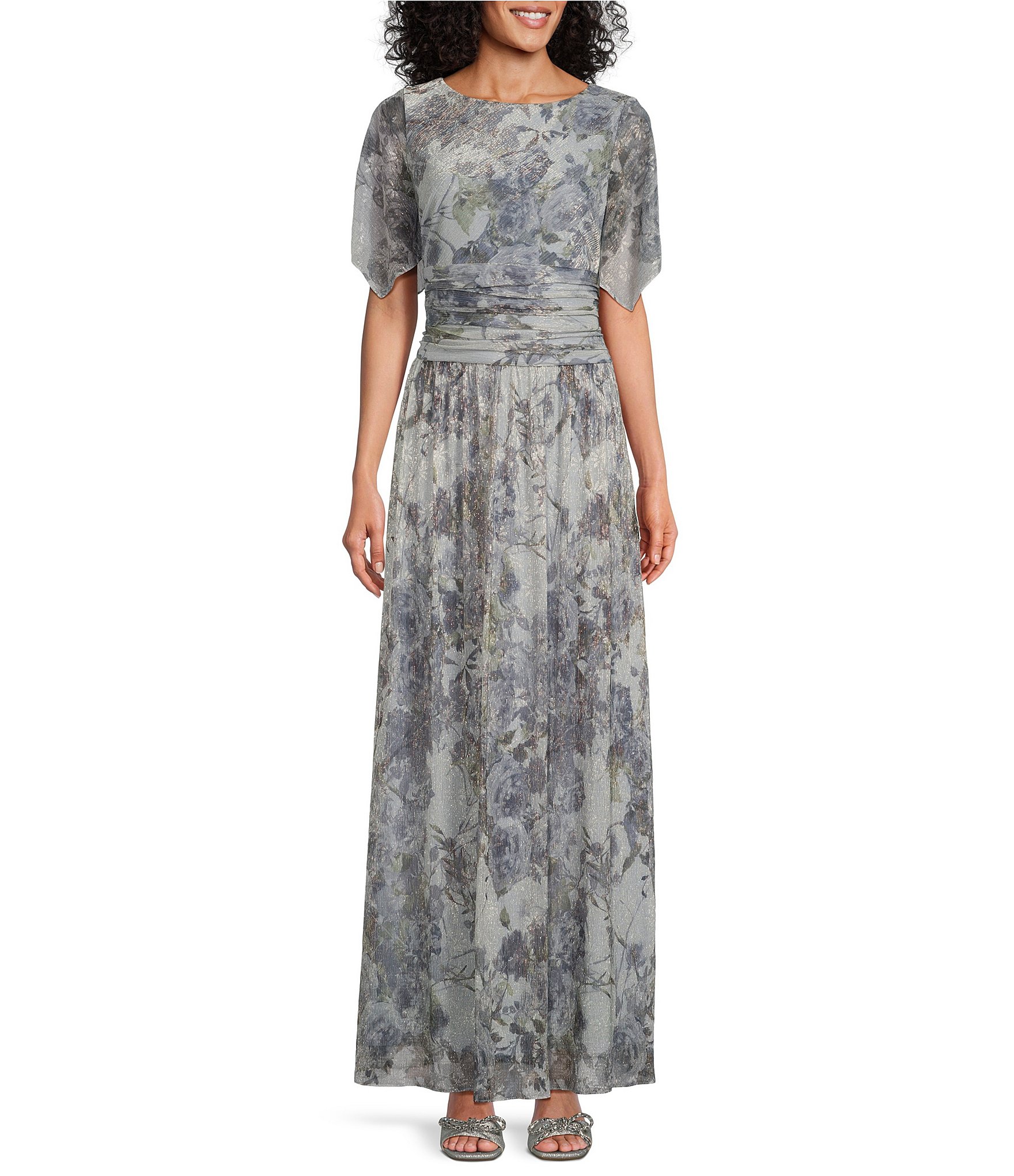 Ignite Evenings Short Sleeve Crew Neck V Back Ruched Waist Printed