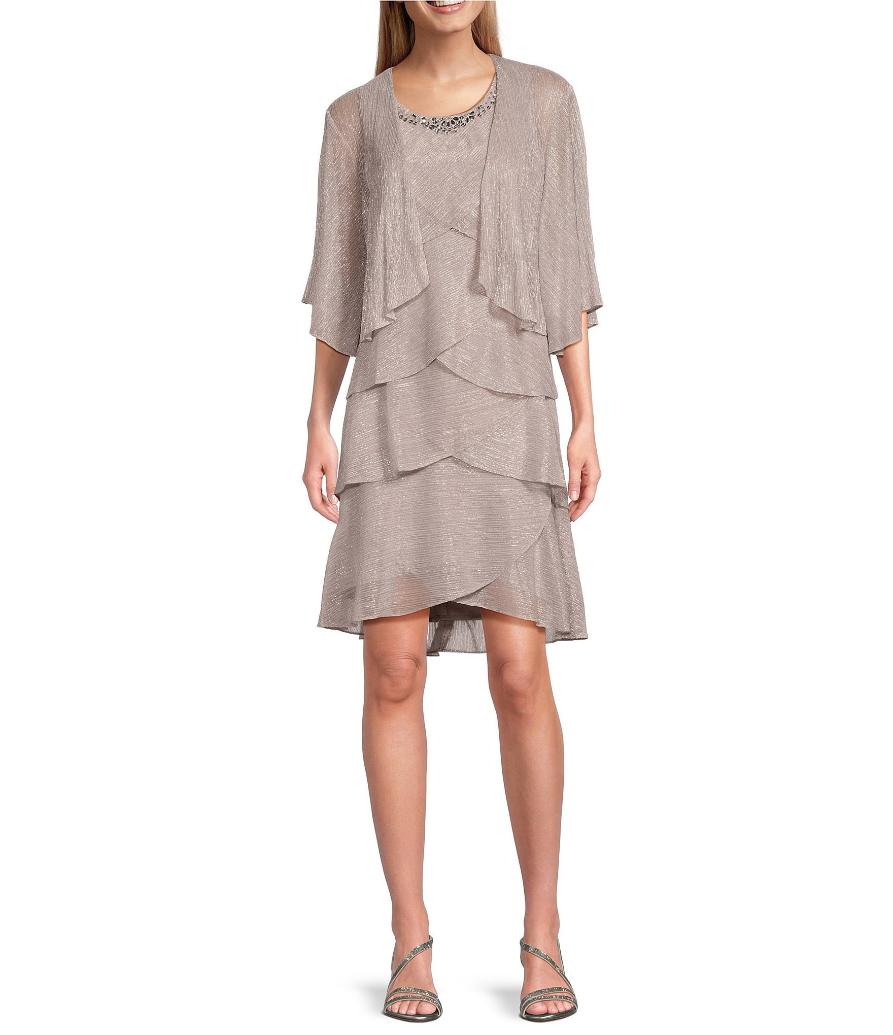 Ignite Evenings Short Sleeve Embellished Crew Neck 2 Piece Jacket Dress