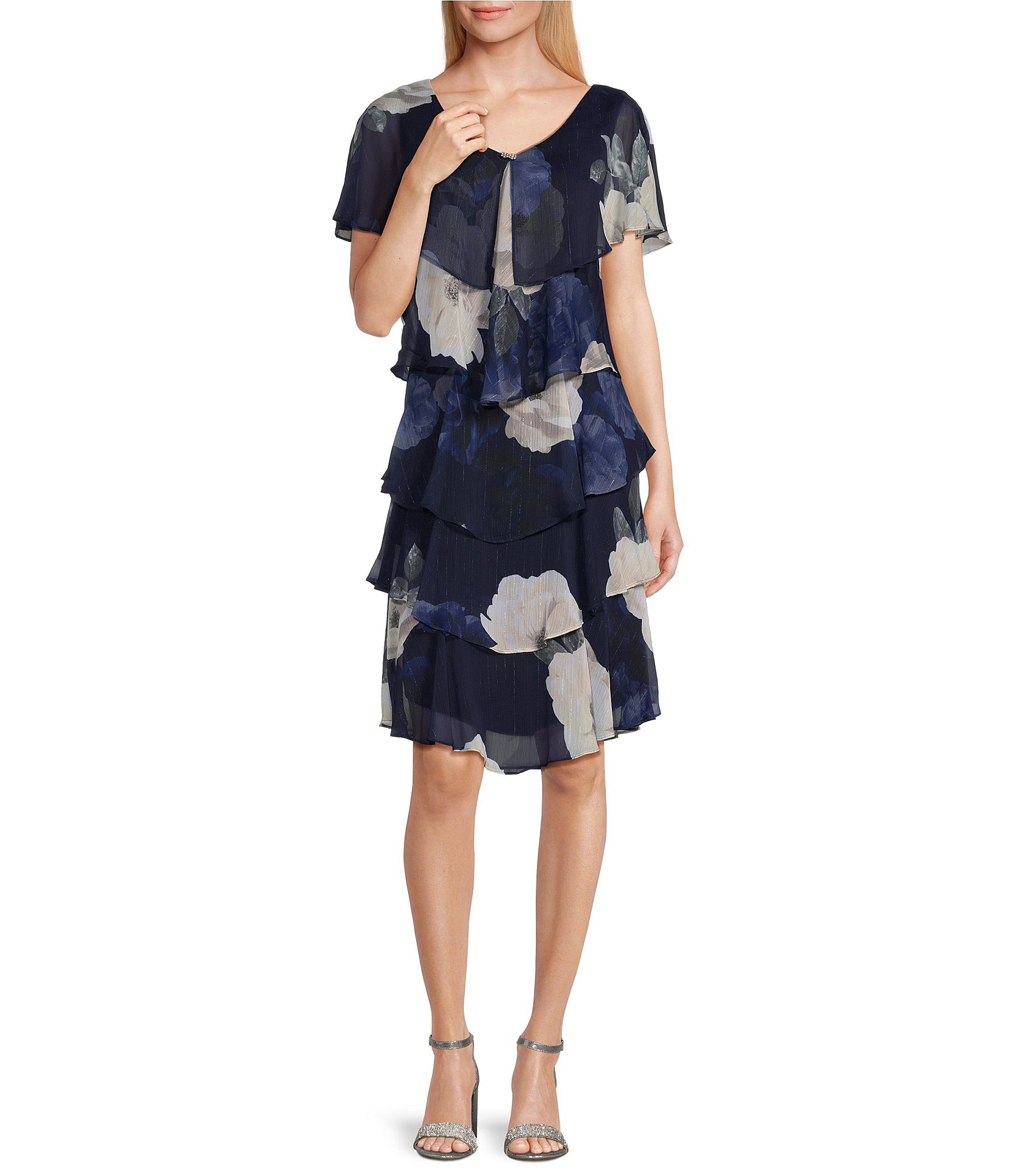 Ignite Evenings Short Sleeve Embellished V Neck Floral Tiered Chiffon
