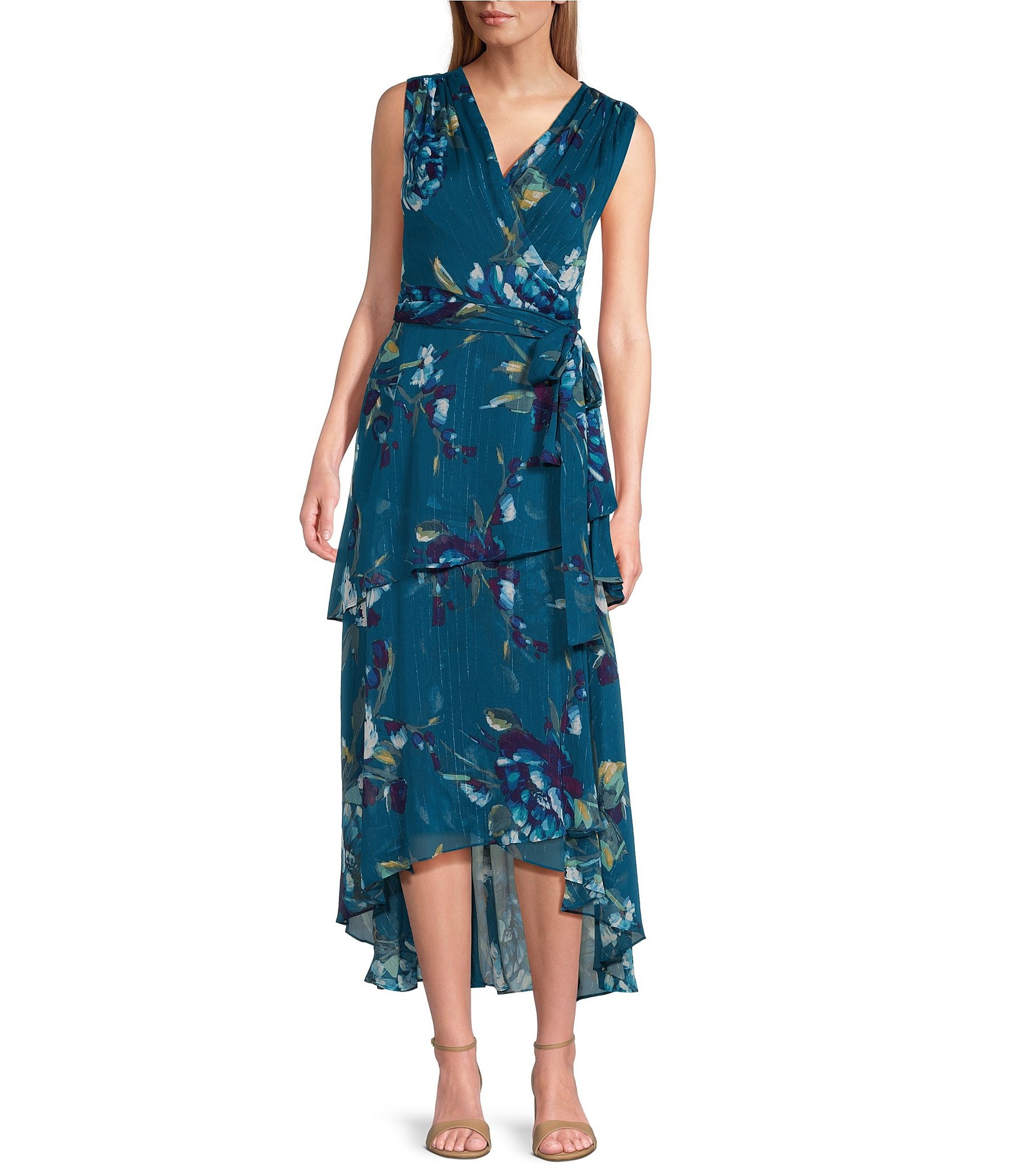 Ignite Evenings Sleeveless V Neck Tie Waist Floral Midi Dress Dillards