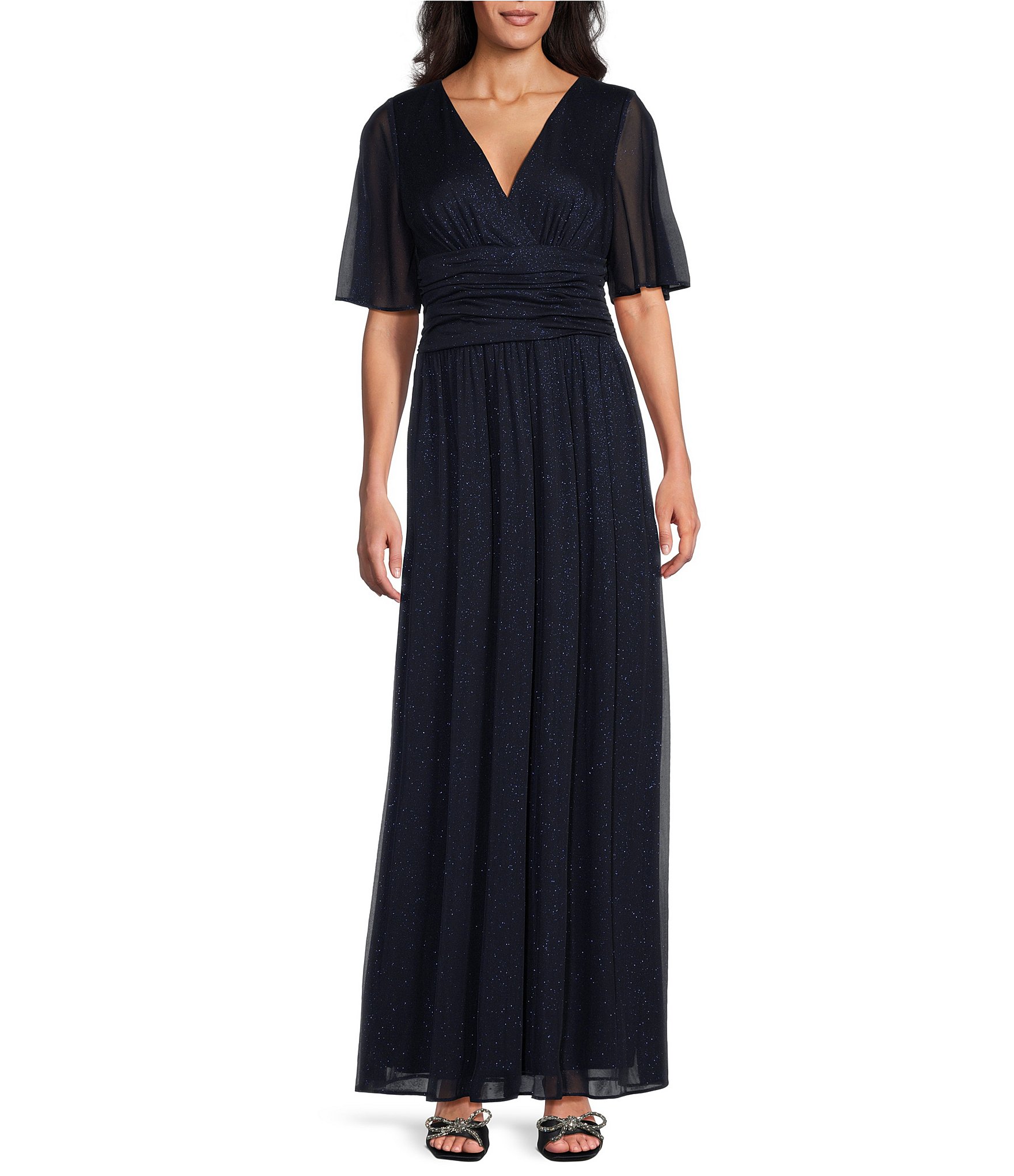 Ignite Evenings Surplice Neck Flutter Sleeve Ruched Waist Glitter Mesh