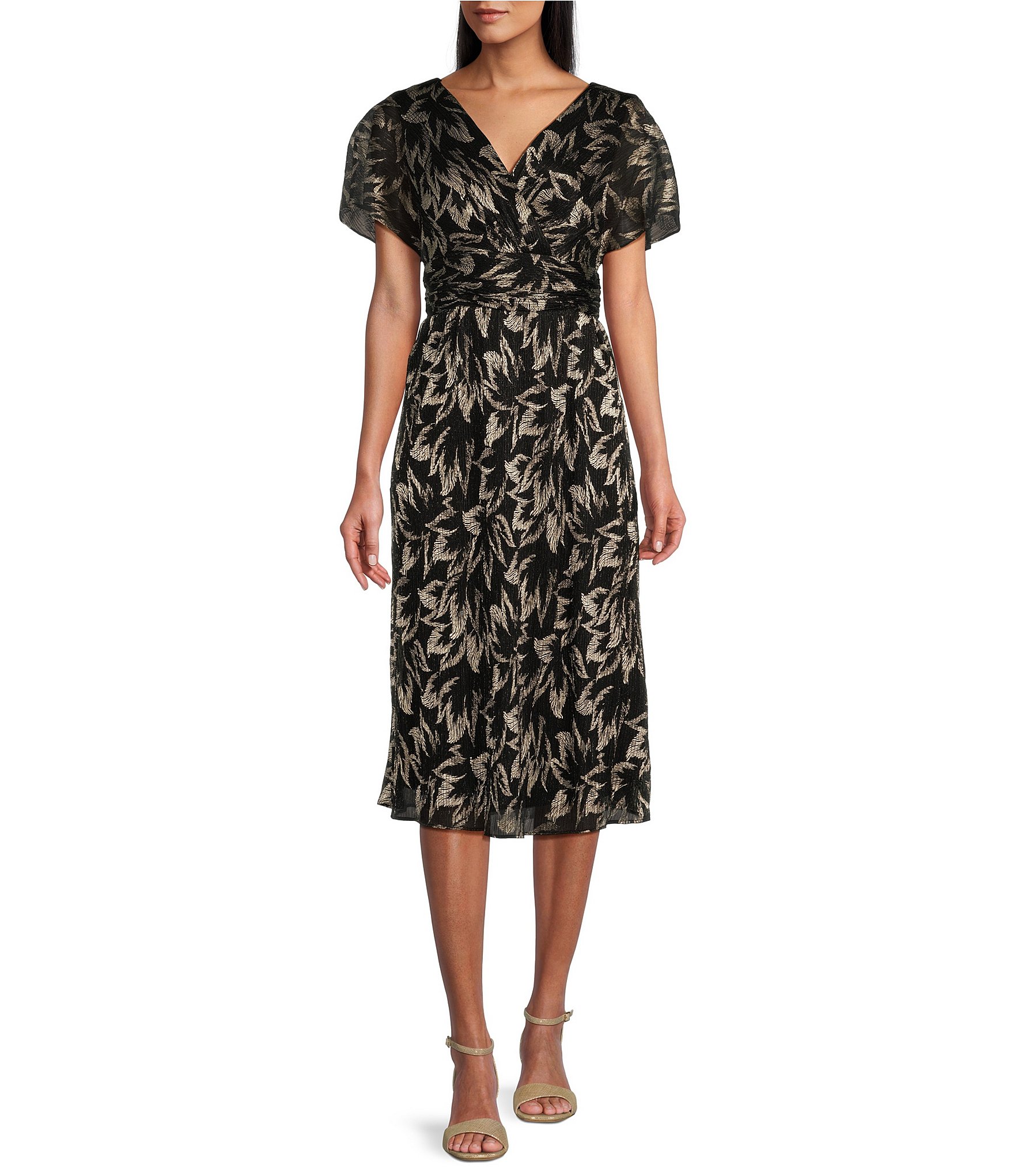 Ignite Evenings Surplice V Neck Flutter Sleeve Ruched Waist Foil