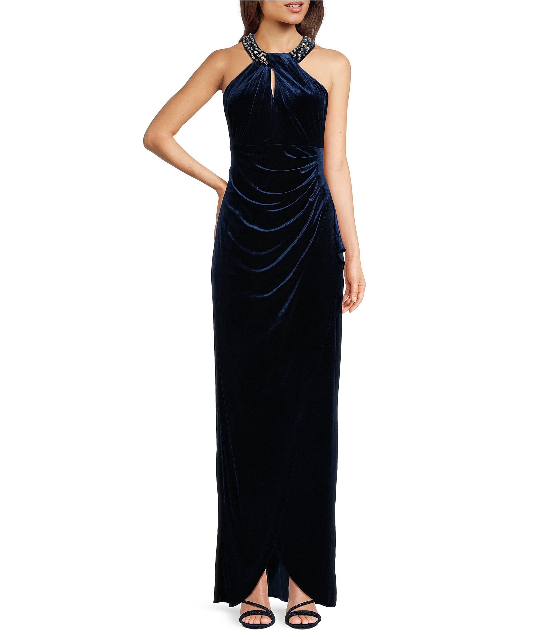 Ignite Evenings Velvet Keyhole Halter Neck Sleeveless Cascade Ruffle