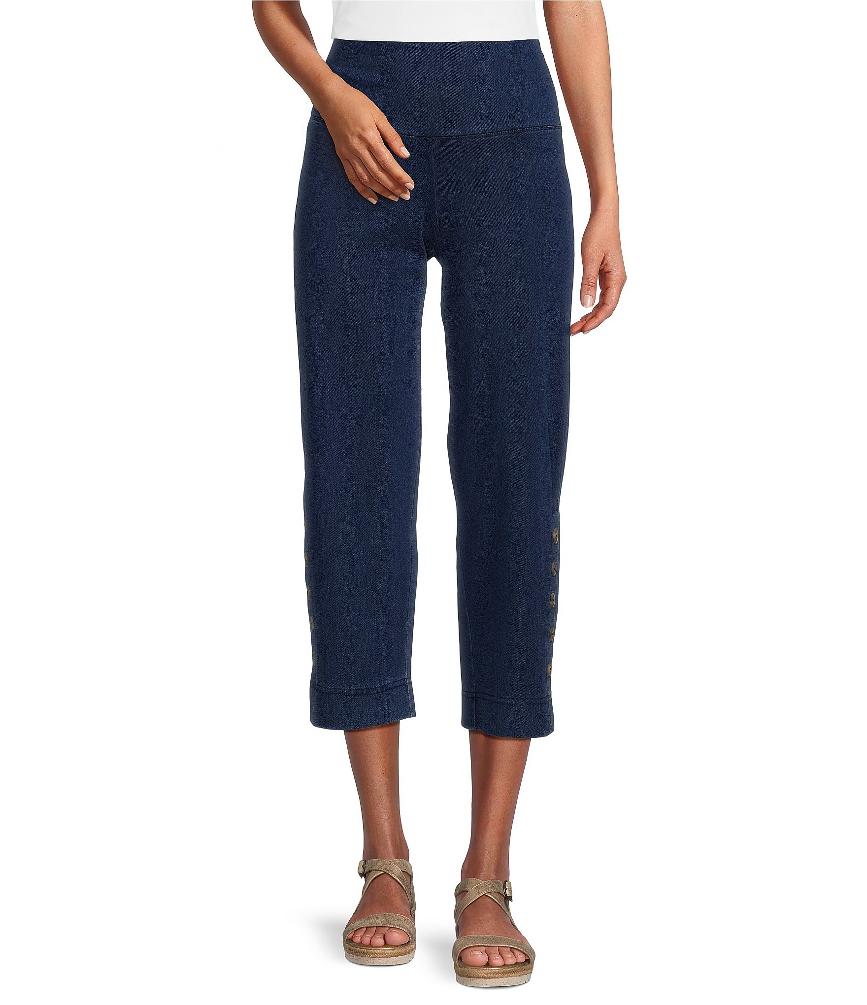 Intro Aimee Knit Denim Tummy Control Button Side Trim Pull-On Capri ...