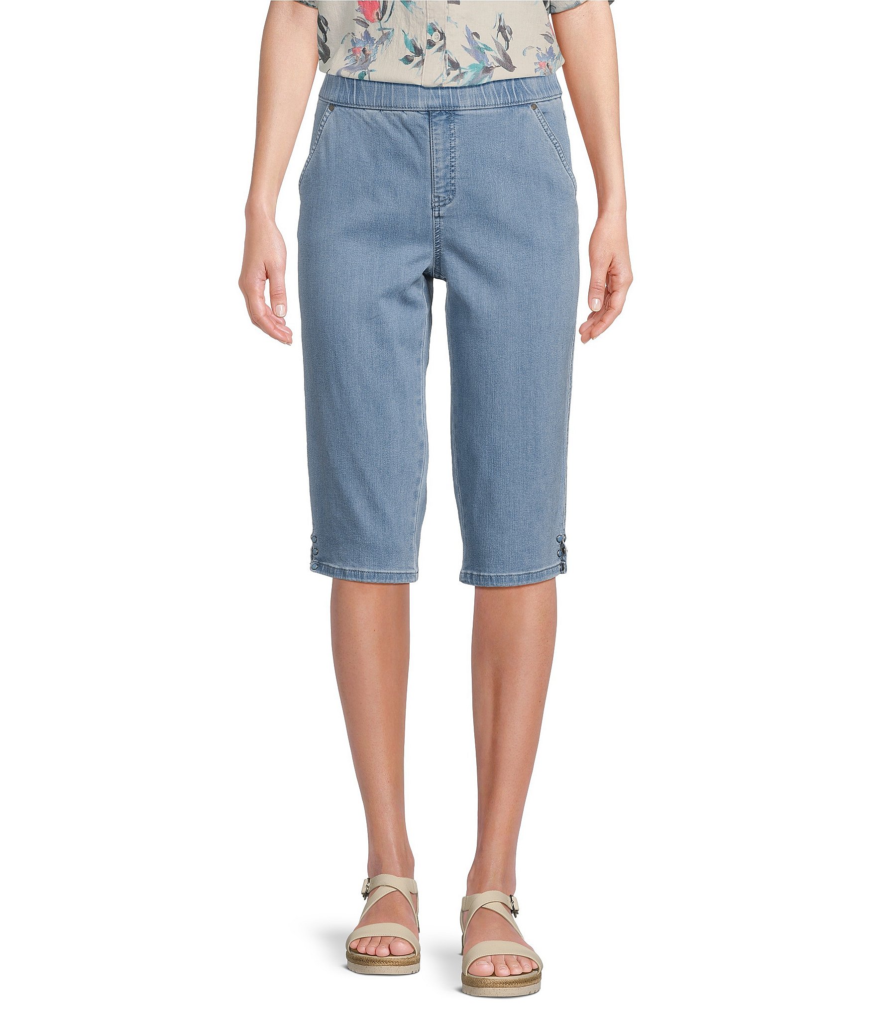 Intro Petite Size Tummy Control Grommet Tab Hem Denim Pull-On Bermuda ...