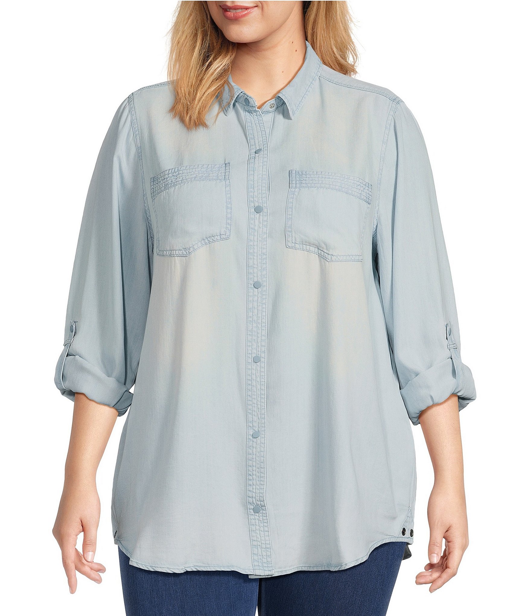 Intro Plus Size Button Front Slub Point Collar Roll-Tab Long Sleeve ...