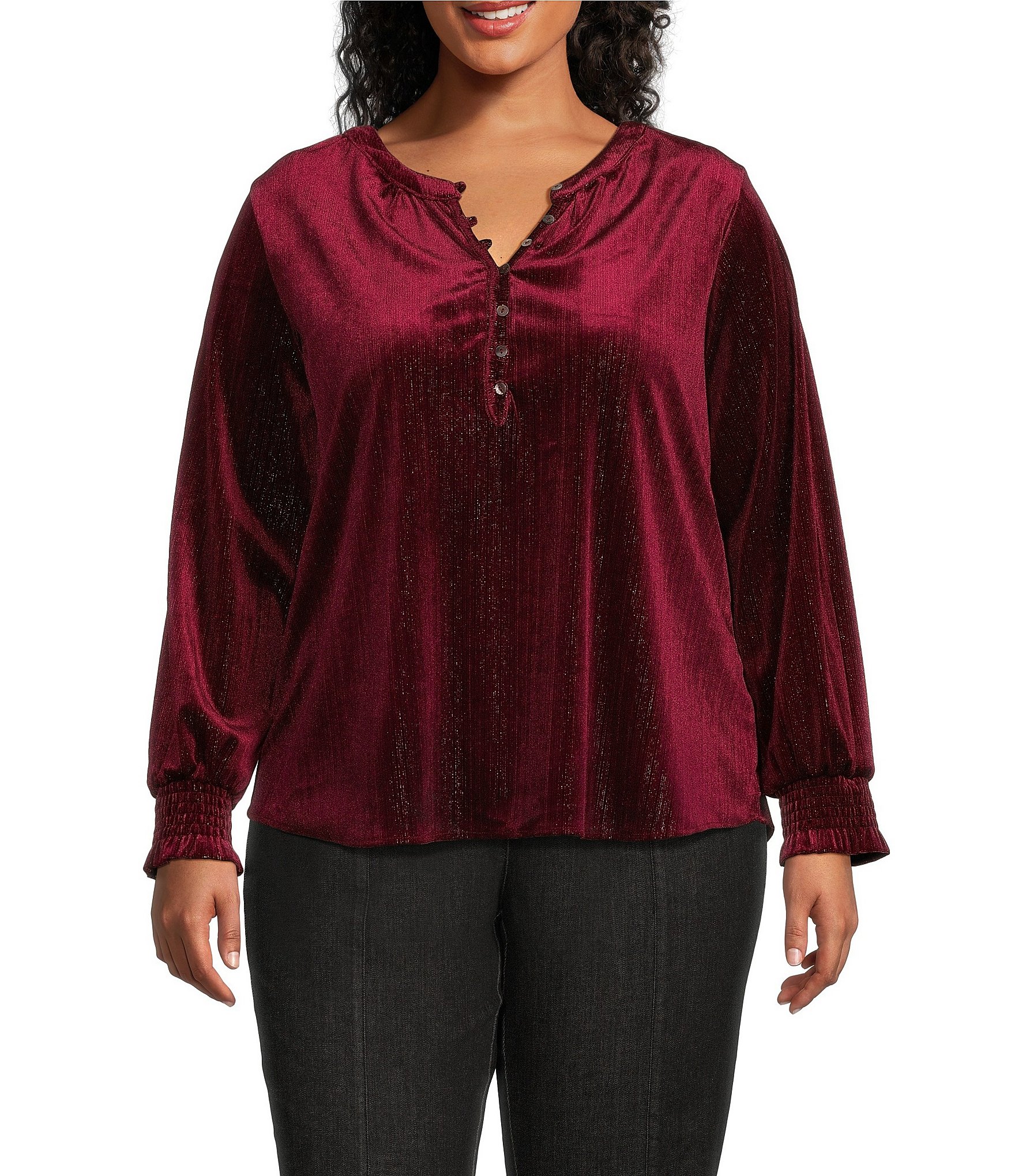 Intro Plus Size Band Collar Long Sleeve Blouse | Dillard's