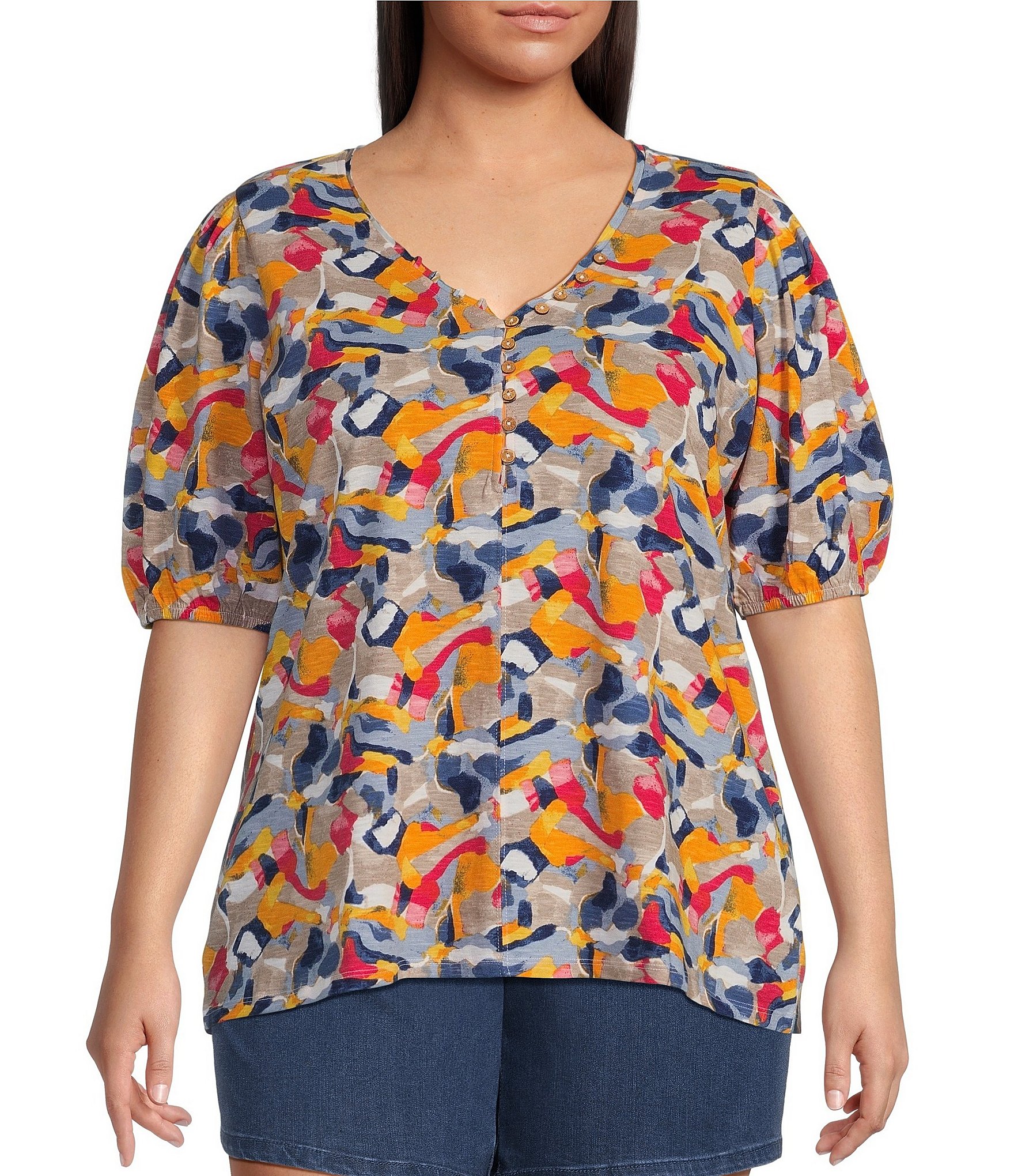 Intro Plus Size Cotton Slub Knit Stone Wash Abstract Print V Neck Short