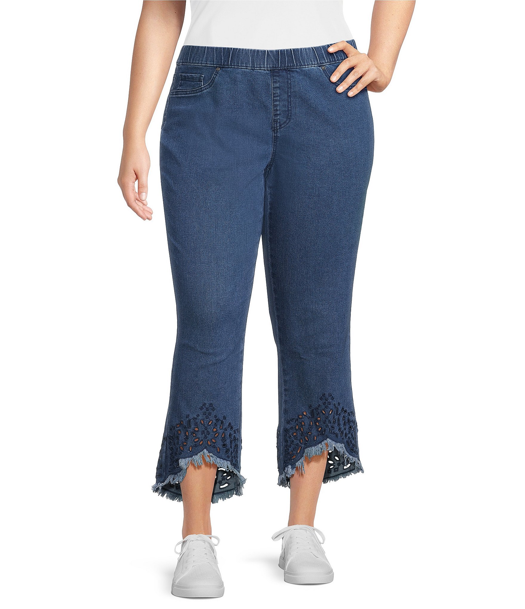 Intro Plus Size Straight Leg Tulip Eyelet Embroidered Frayed Hem Pull ...