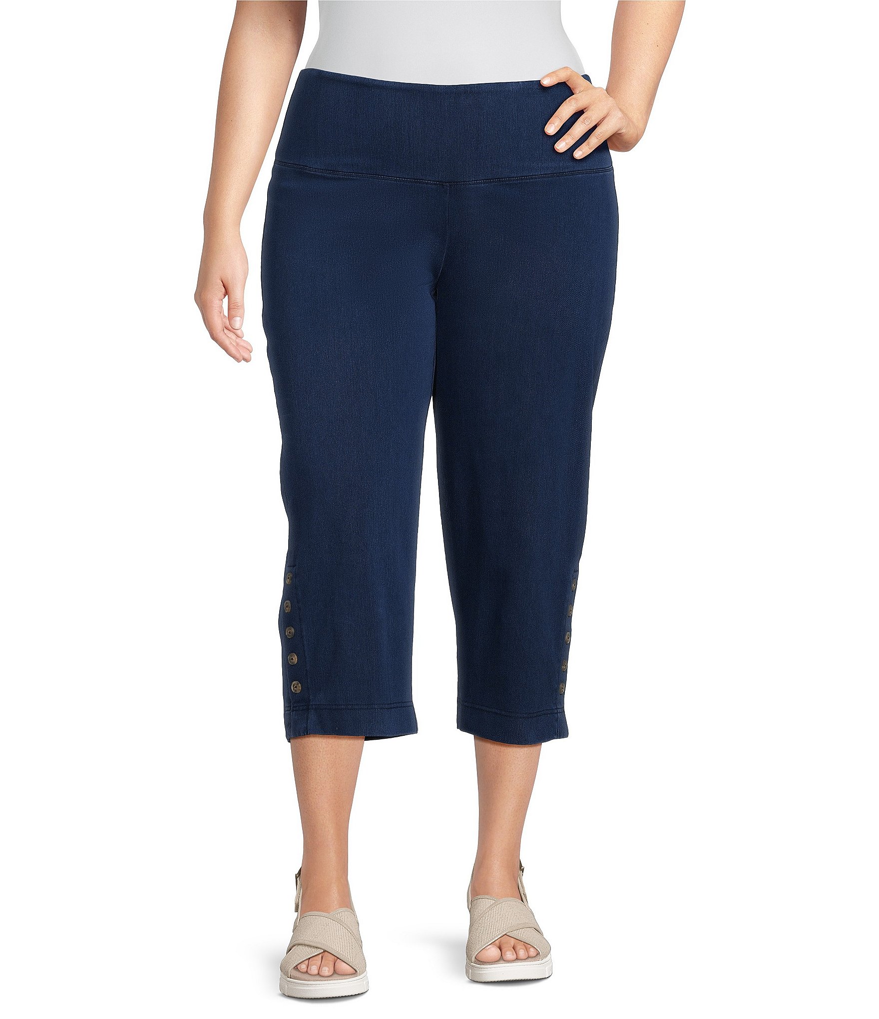 Intro Plus Size Knit Denim Tummy Control Button Side Trim Pull-On Capri ...
