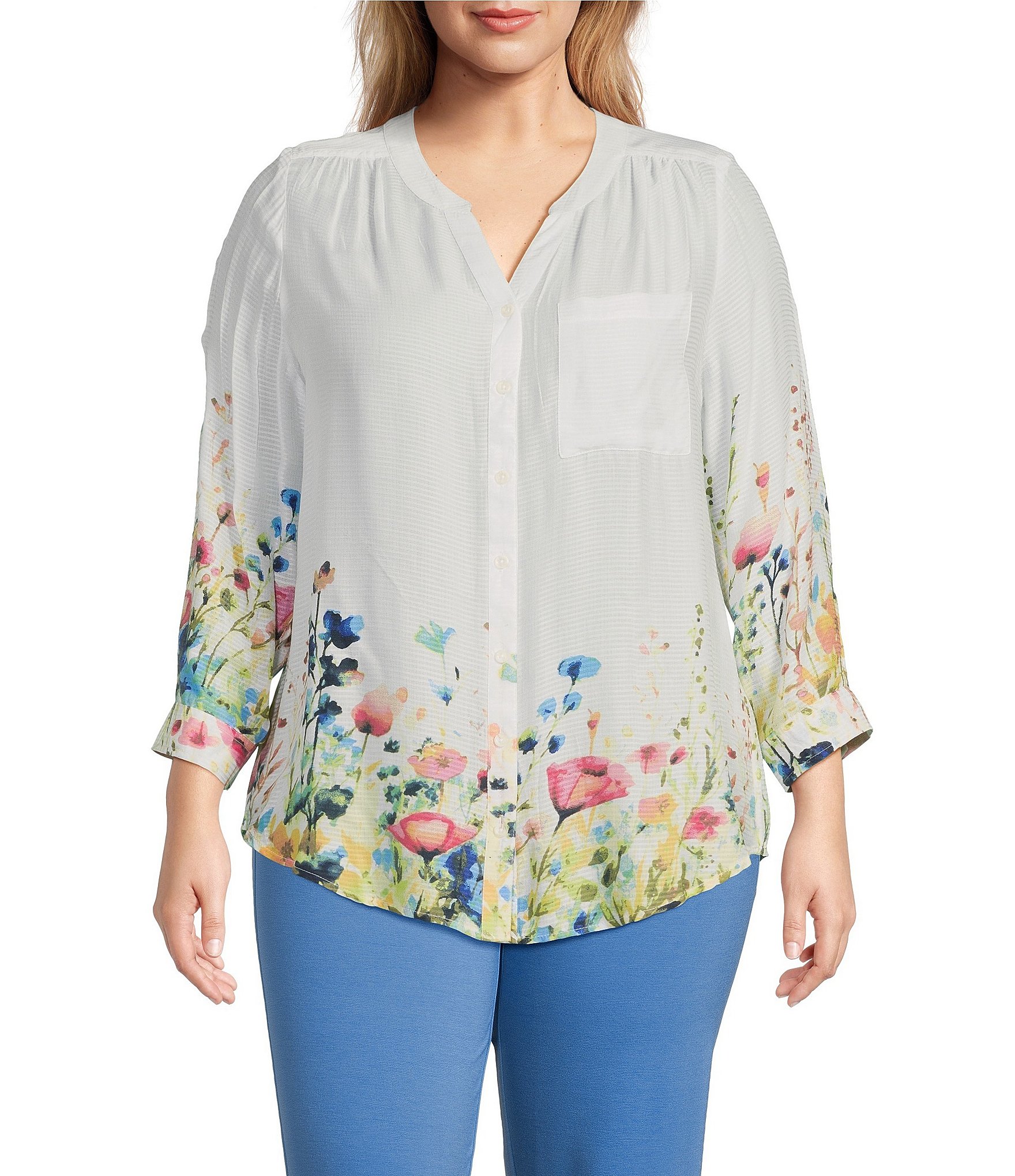 Intro Plus Size Woven Bright White Split V-Neck 3/4 Roll-Tab Sleeve ...