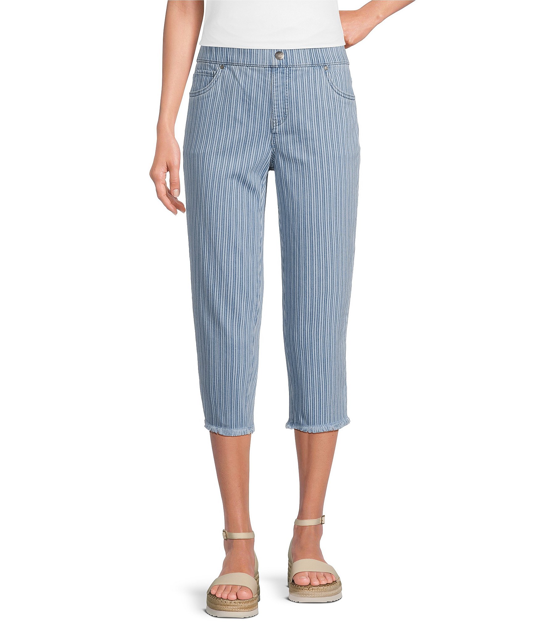 Intro Stripe Print Frayed Hem Pull-On Capri Denim Pants | Dillard's
