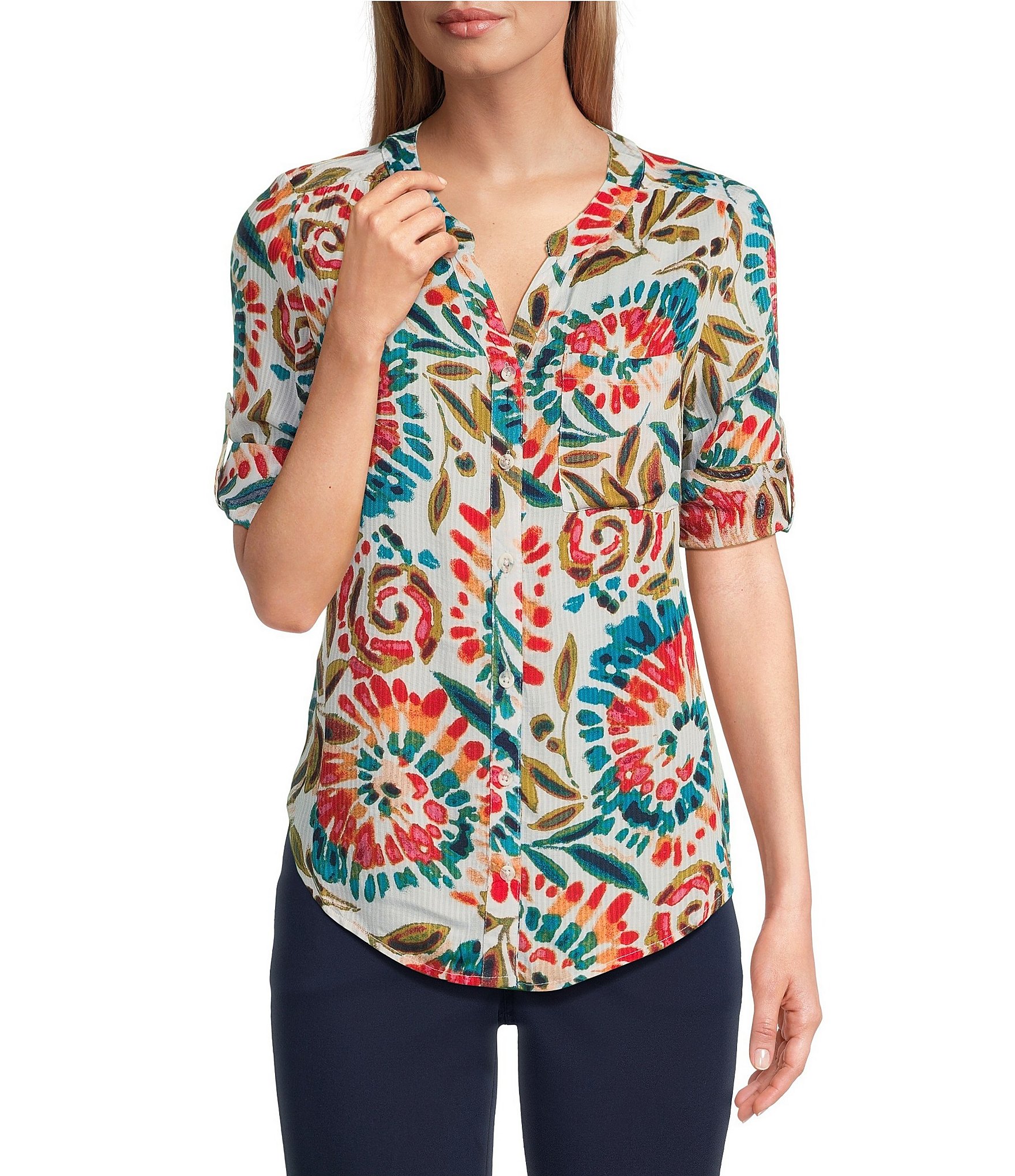 Intro Woven Raspberry Split V-Neck 3/4 Roll-Tab Sleeve Button Front ...