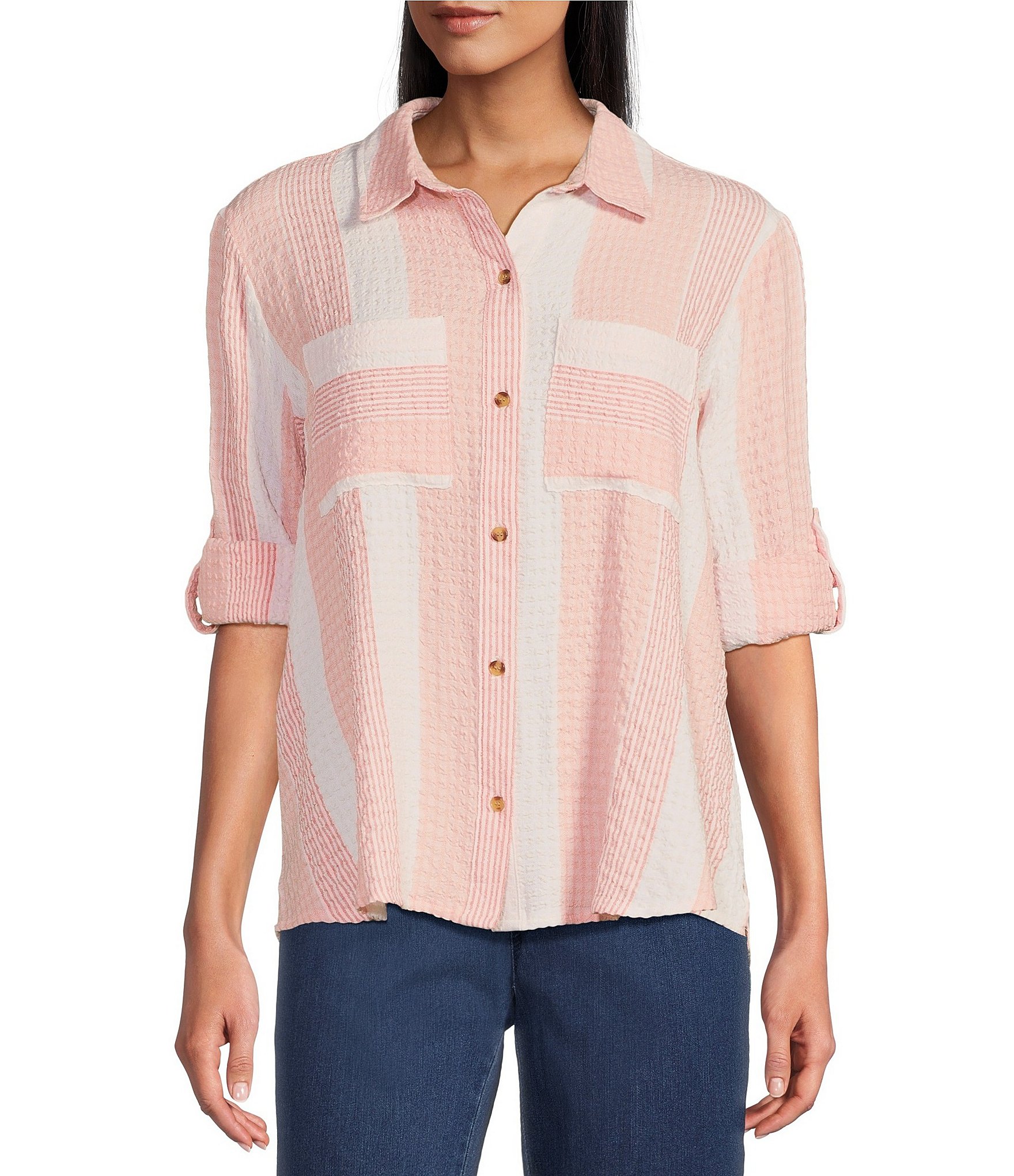 Intro Woven Stripe Point Collar Long Roll-Tab Sleeve Button Front Shirt ...