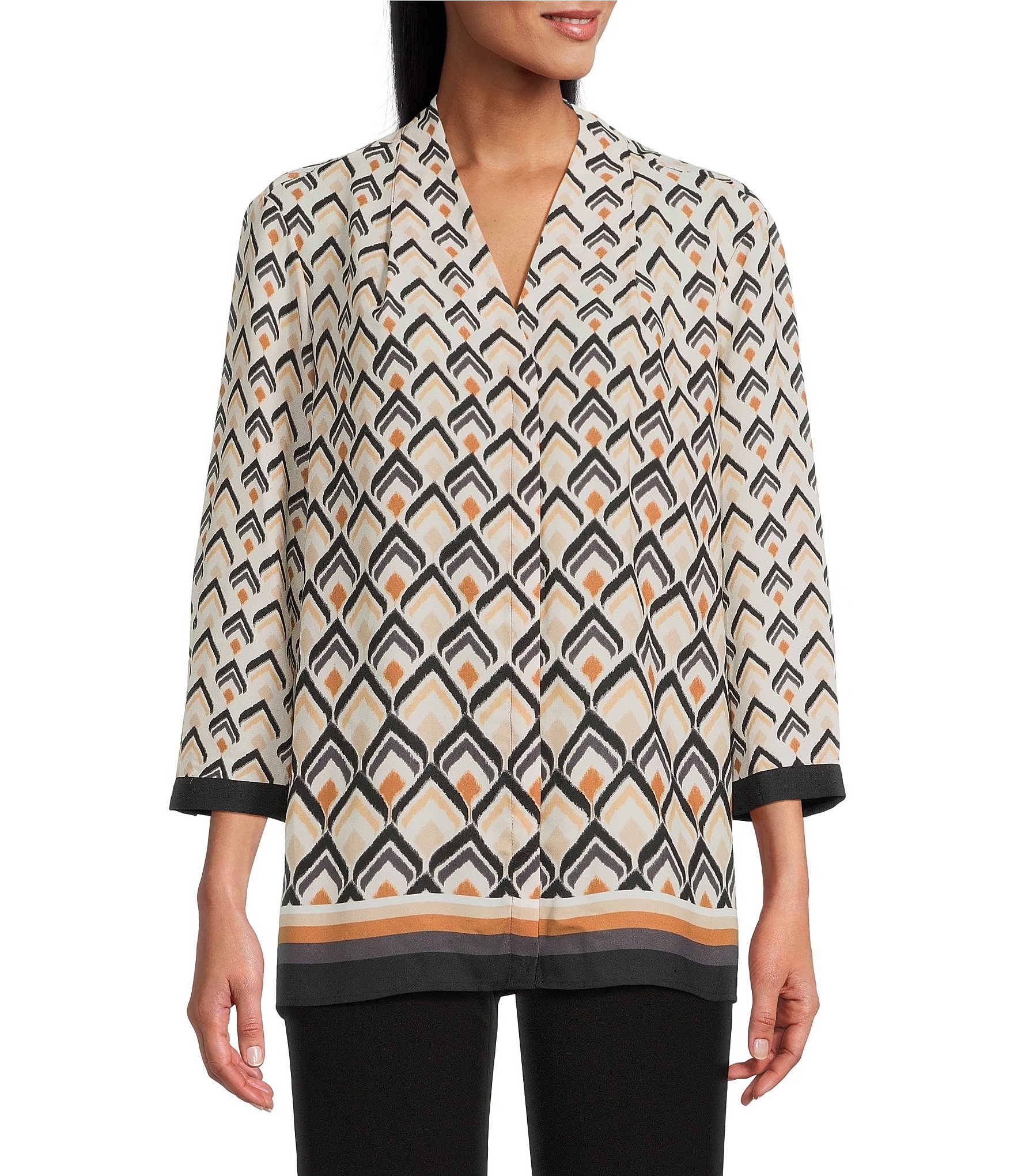 Investments Caroline Signature Diamond Border V-Neck 3/4 Sleeve Button ...