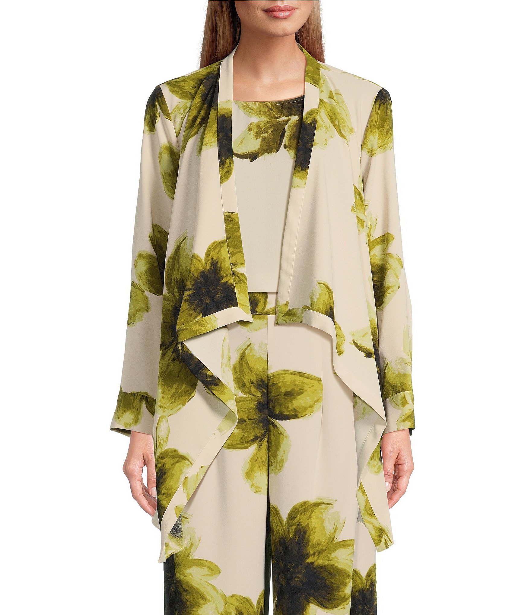 Investments Open Drape Front Long Sleeve Button Cuff Watercolor Blooms ...